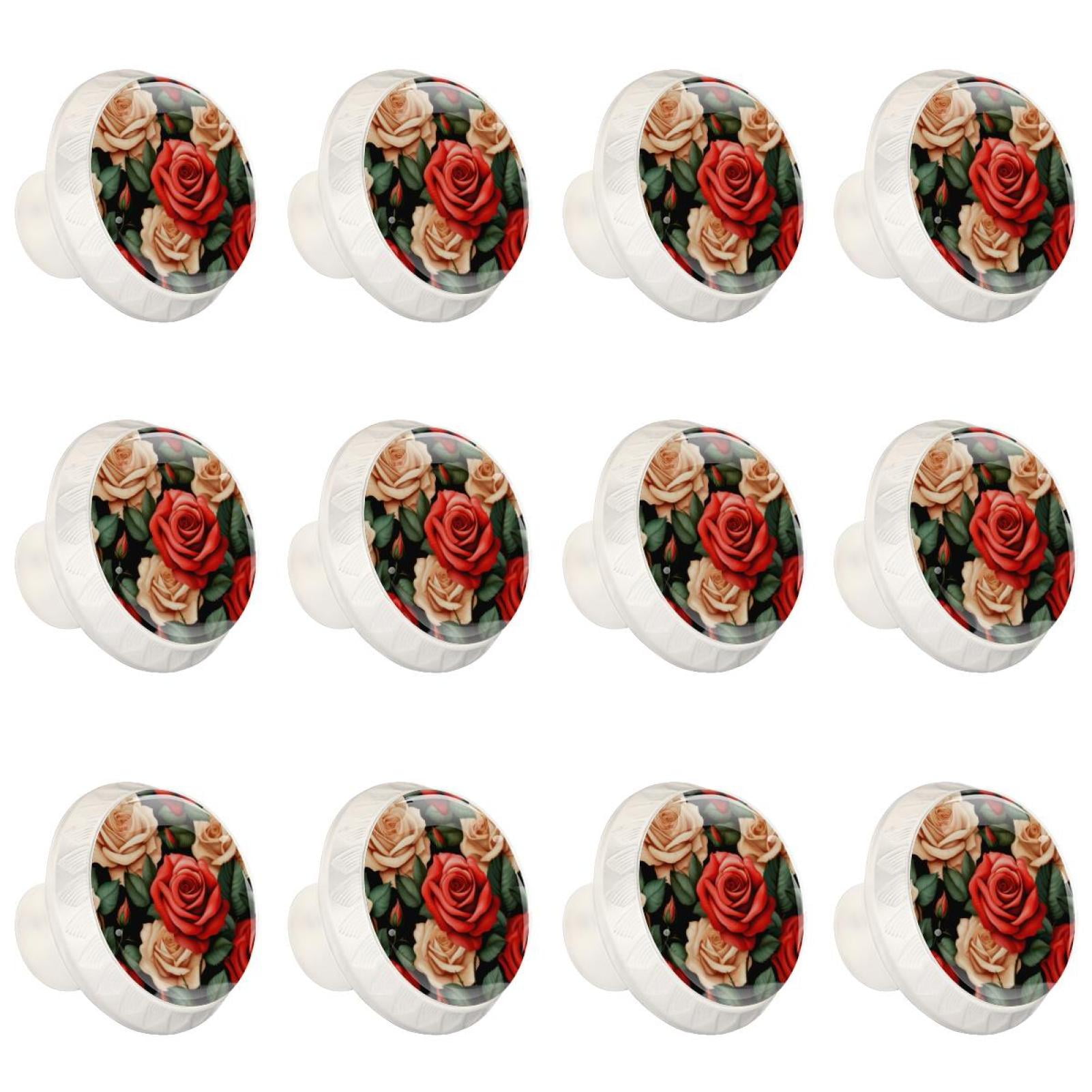 Rose Love Flowers Plant 12 Pcs White Round Drawer Pulls with Screws,ABS and Glass Cabinet ...