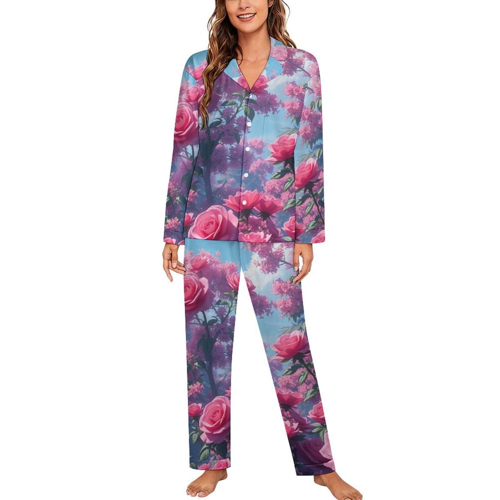 Rose Pajamas Night V Neck Nightwear Lady Two Piece Long Sleeve Pajama ...