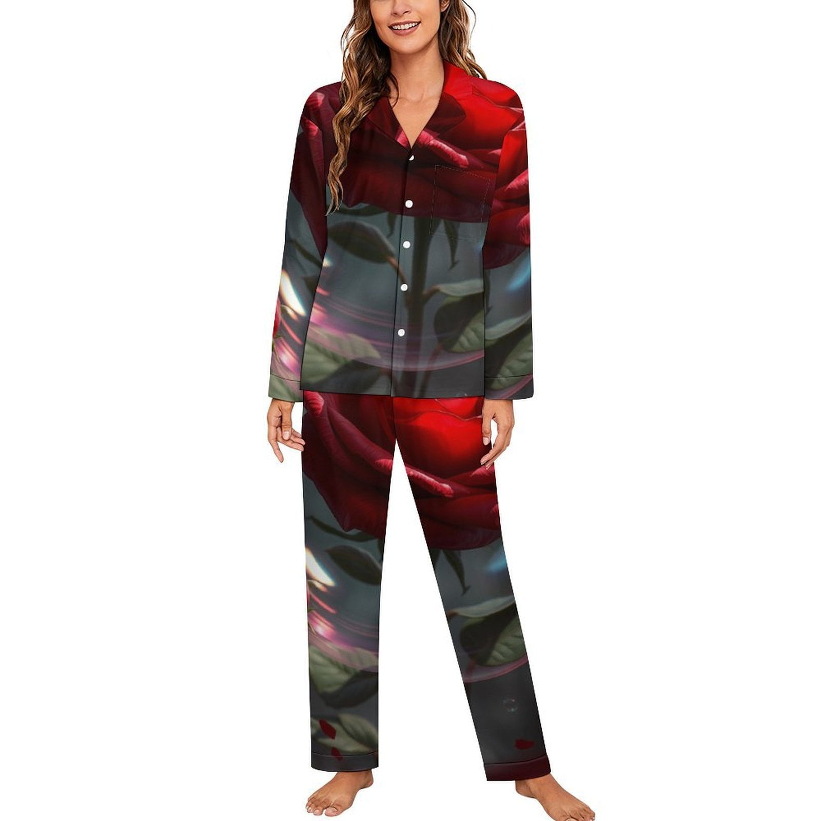 Rose Pajamas Woman Home Suit Autumn Long Sleeve 2 Piece Night V Neck ...