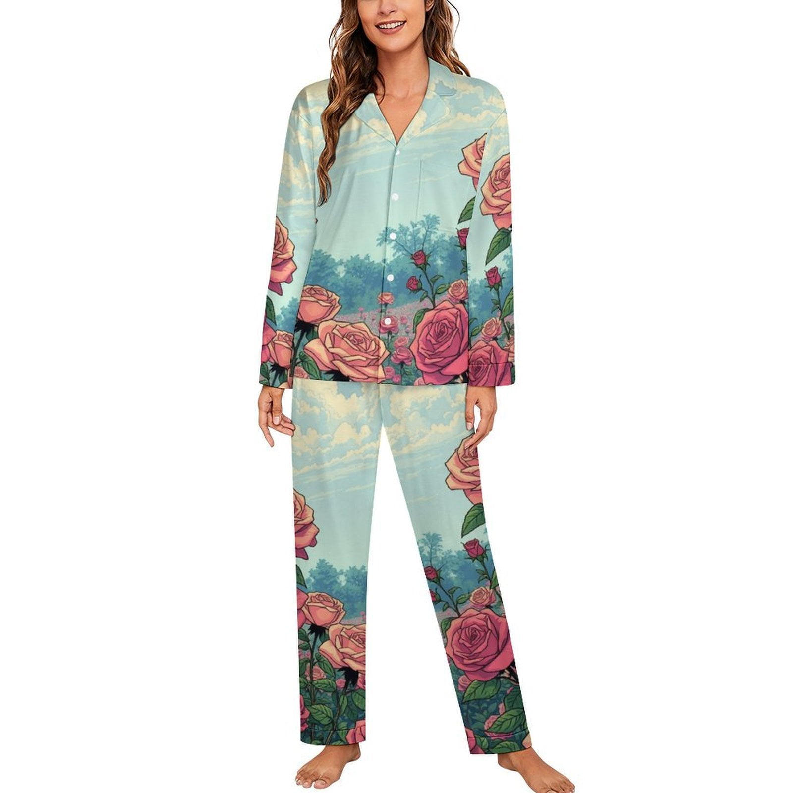 Rose Pajamas Woman Home Suit Autumn Long Sleeve 2 Piece Night V Neck ...