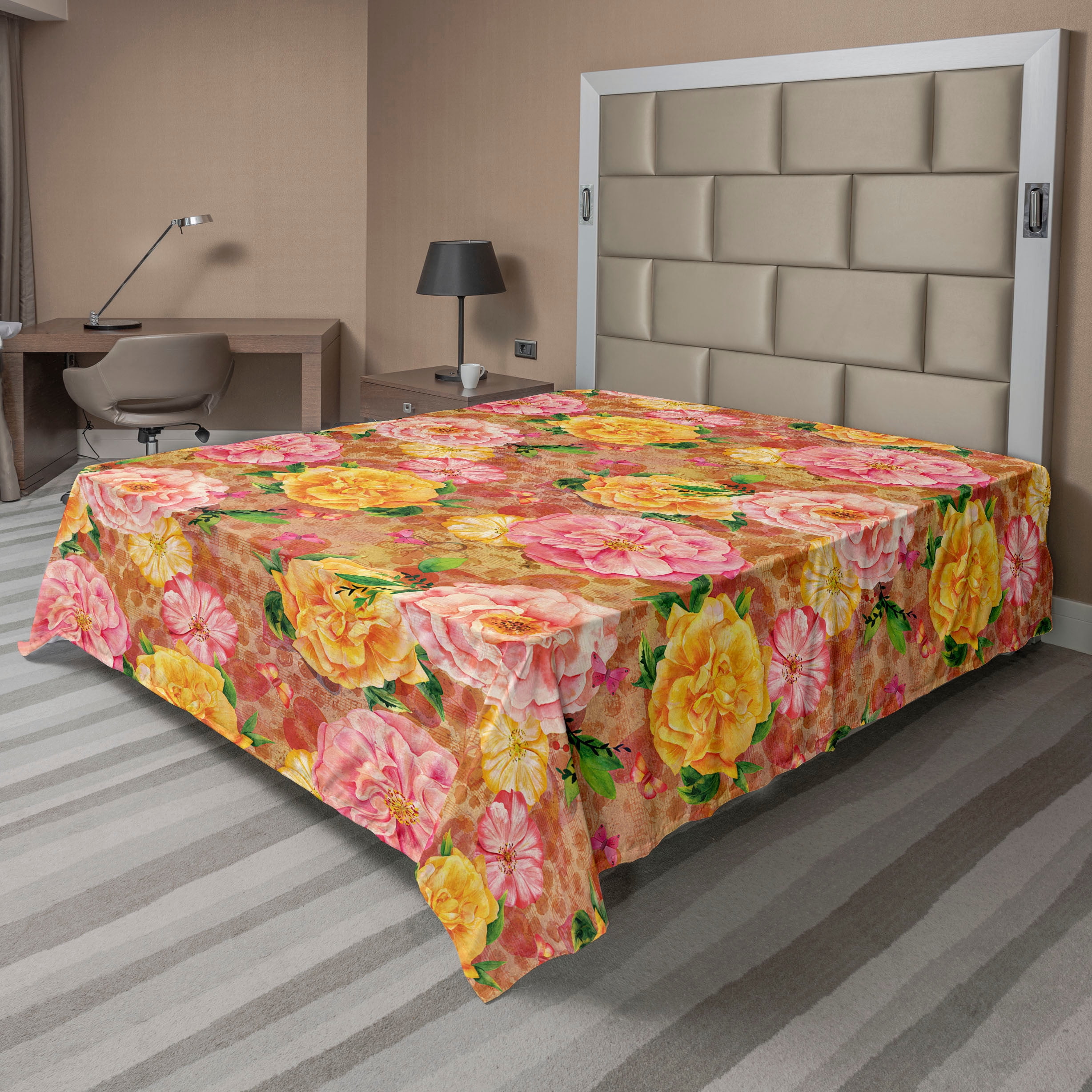Rose Pattern Flat Sheet, Nature Themed Flowers Vintage with Leaves ...