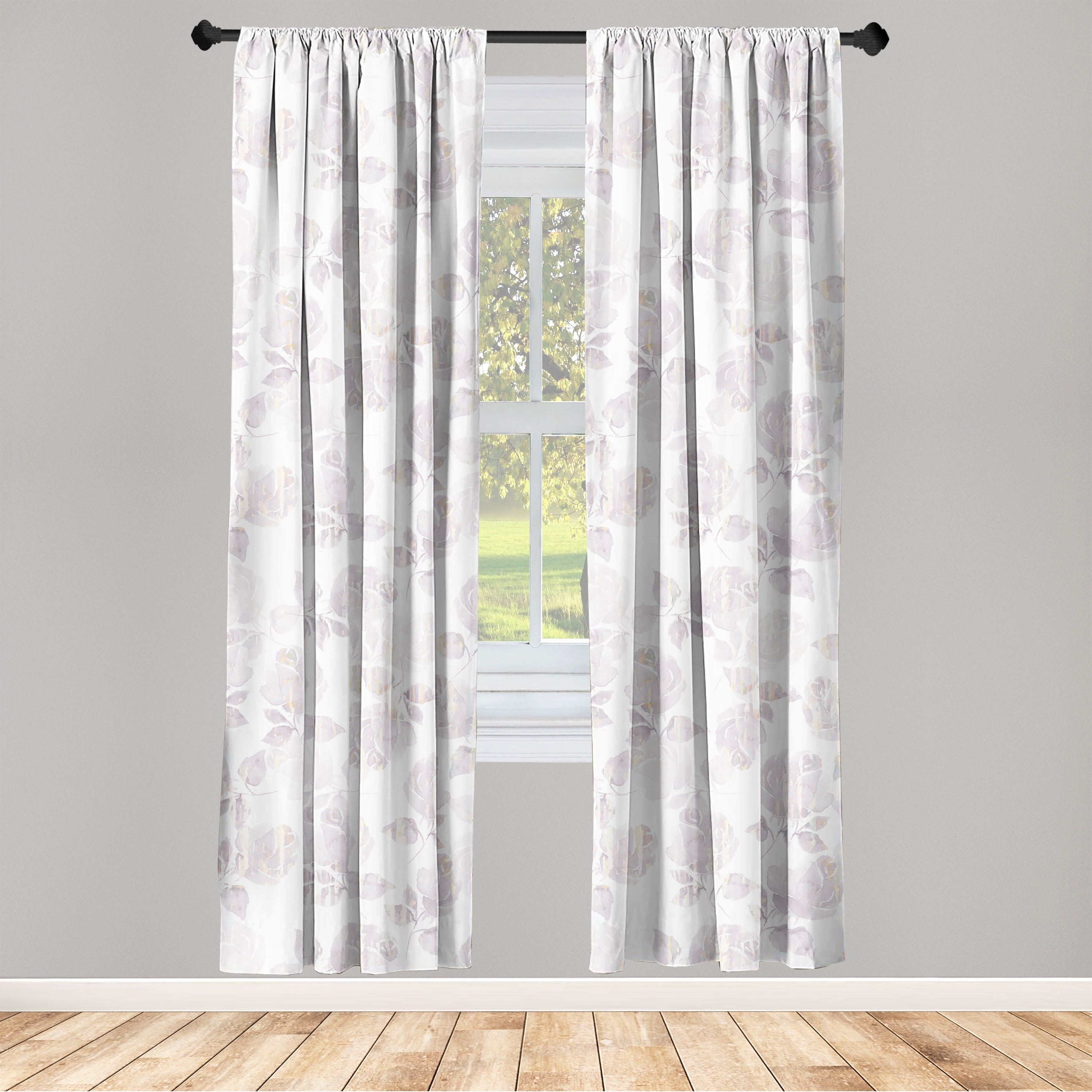Rose Pattern Window Curtains, Flowers Boho Silhouettes with Leaves ...