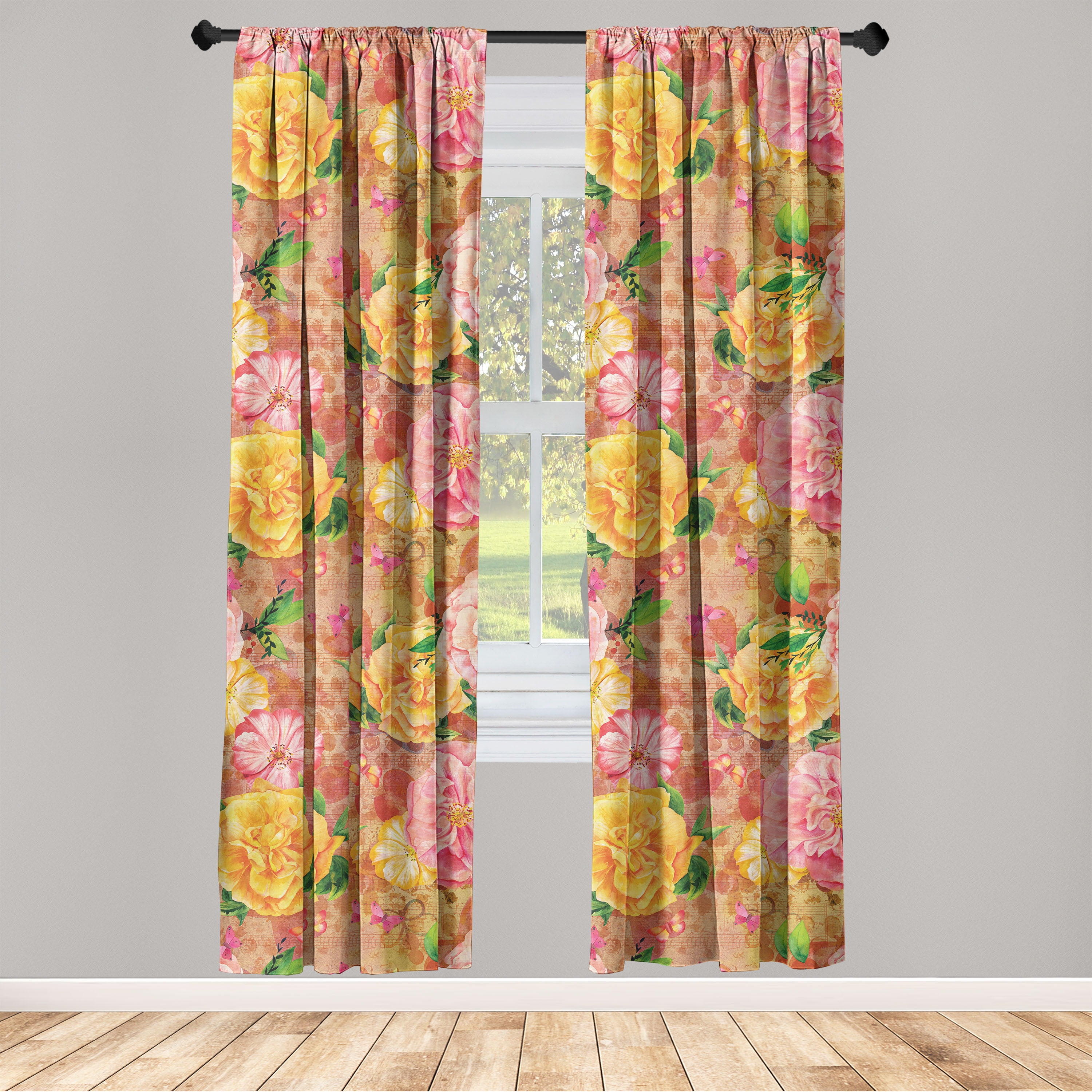 Rose Pattern Window Curtains, Nature Themed Flowers Vintage with Leaves ...