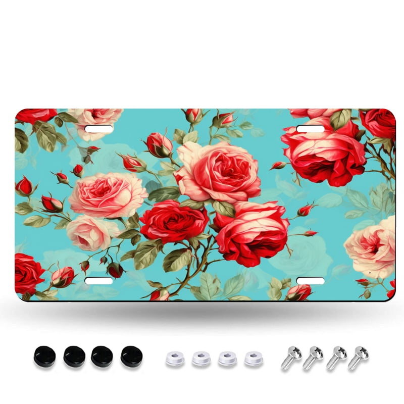 Rose Pattern on a Light Blue Background License Plate Frame, Decorative ...