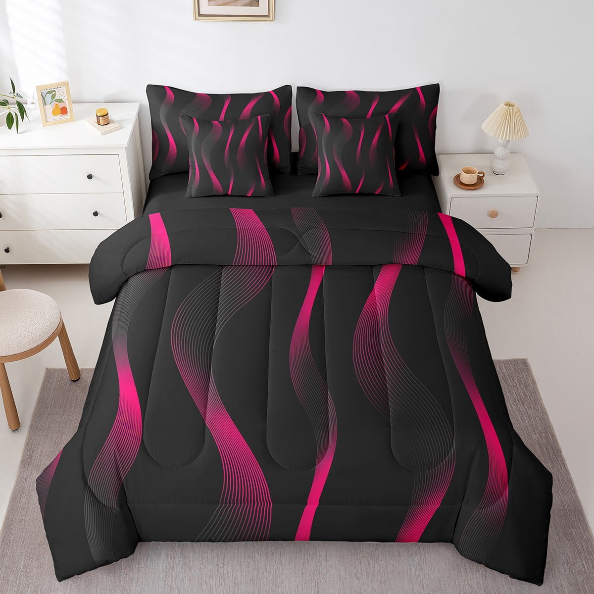 Rose Pink Bedding Sets Queen Size Women, Geometry Comforter Set 7 Piece ...