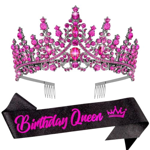 Rose Pink Crystal Birthday Queen Tiara Crown for Women Girls Birthday ...