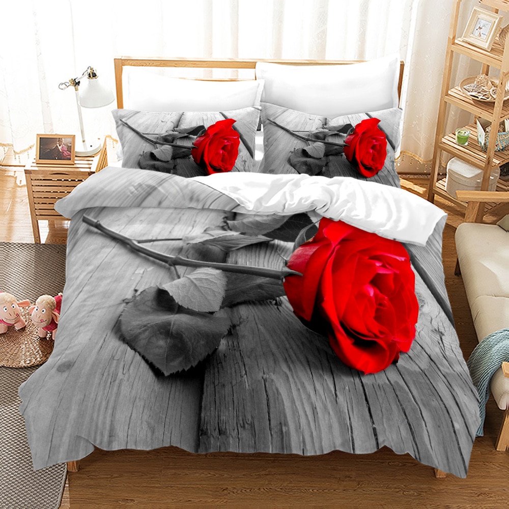 Rose Polyester Duvet Cover Set King Full Size Red Blossom Flowers 3D ...