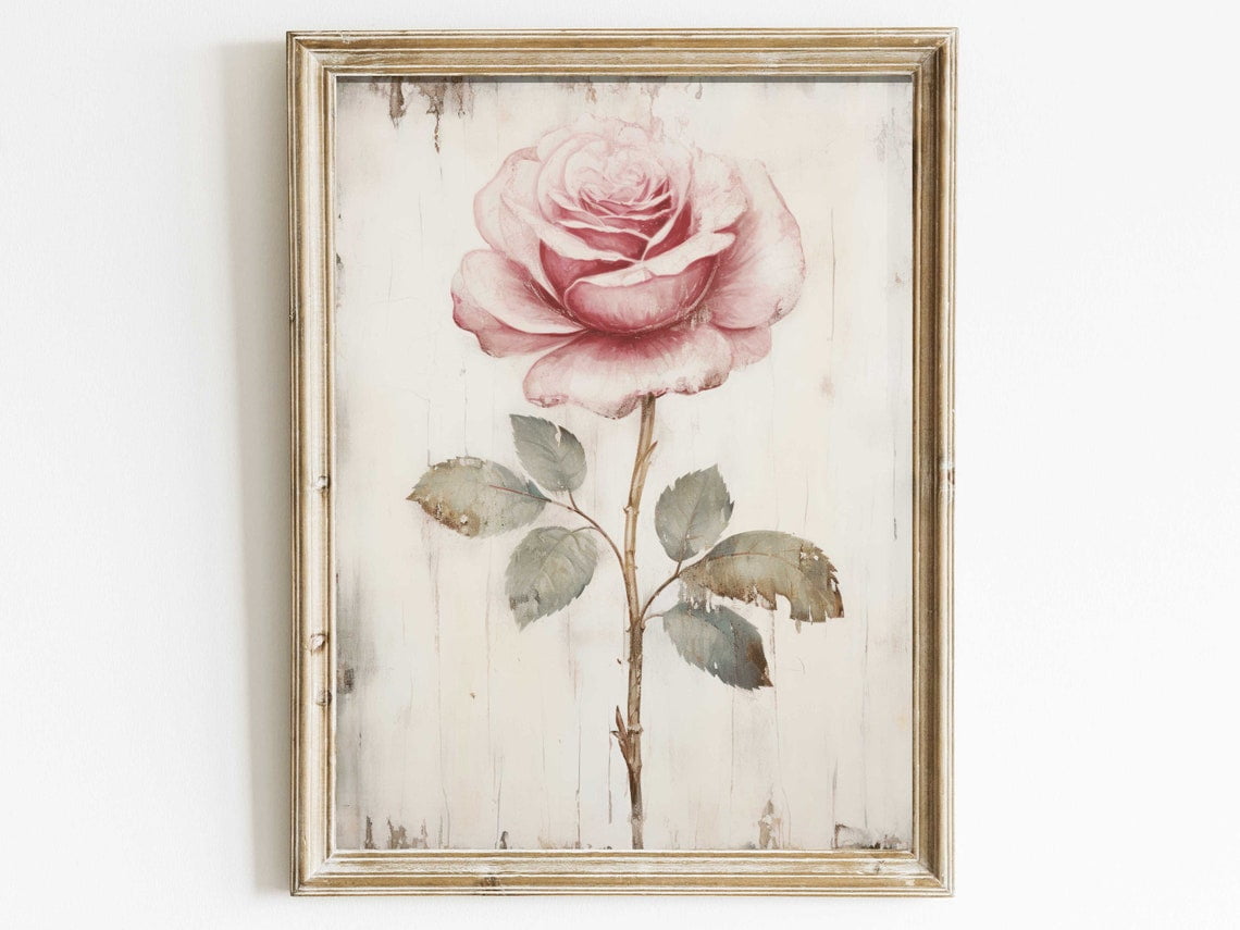 Rose Print, Pink Rose Wall Art, Floral Farmhouse Decor, Rustic Wall ...