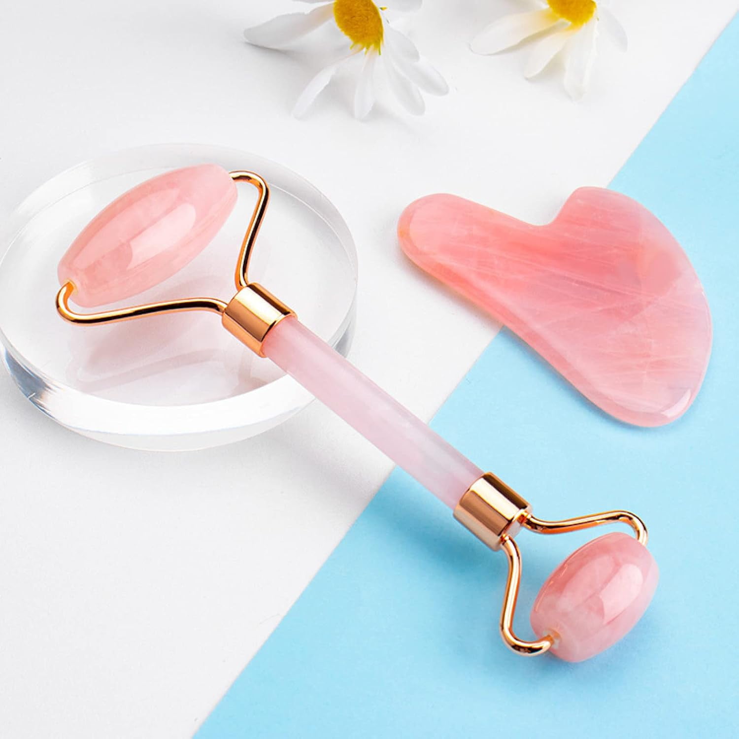 Rose Quartz Face Roller And Gua Sha Set Natural Jade Gouache Scraper ...