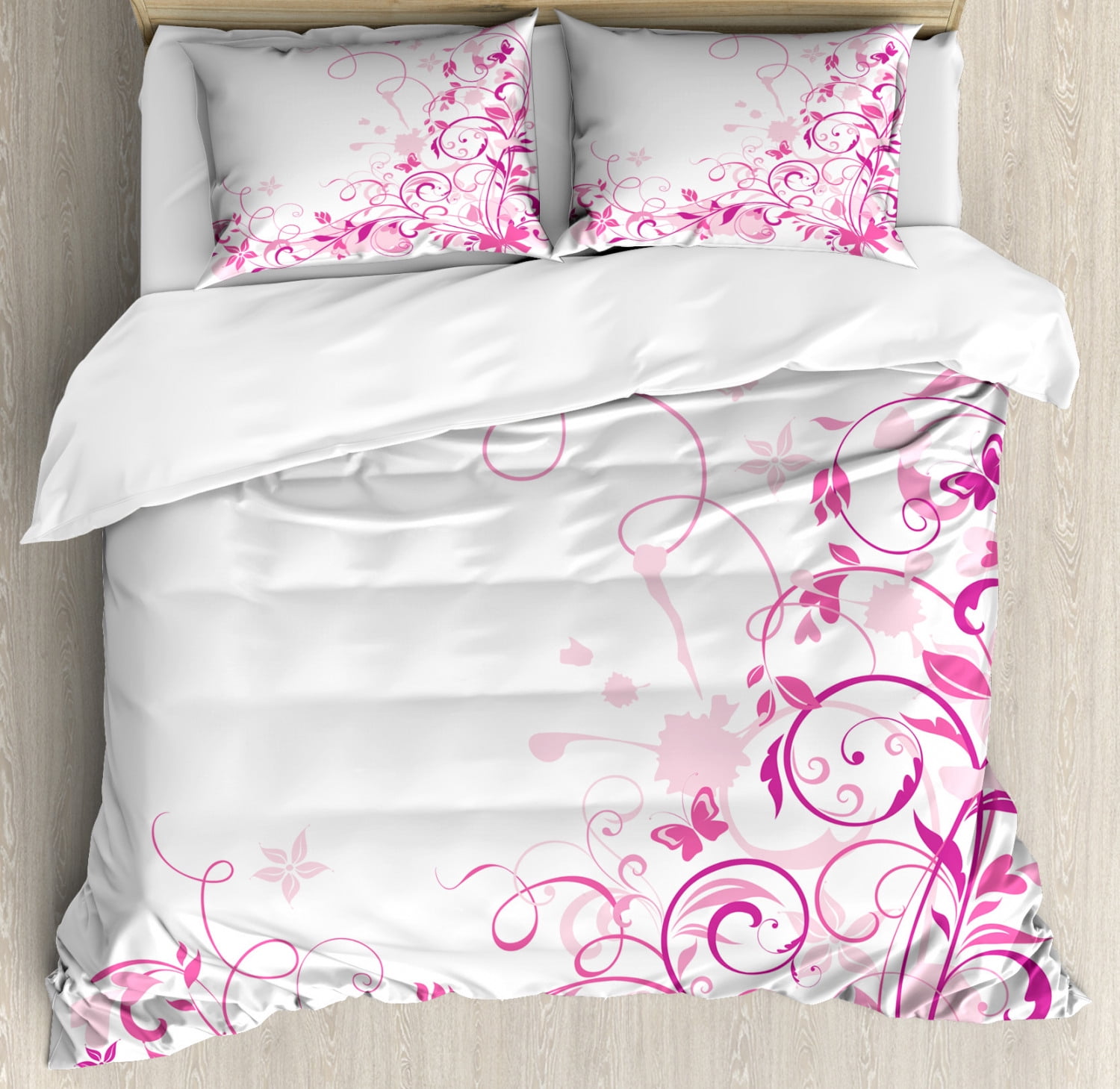 Rose Queen Size Duvet Cover Set, Swirling Leaves with Blossoms and ...