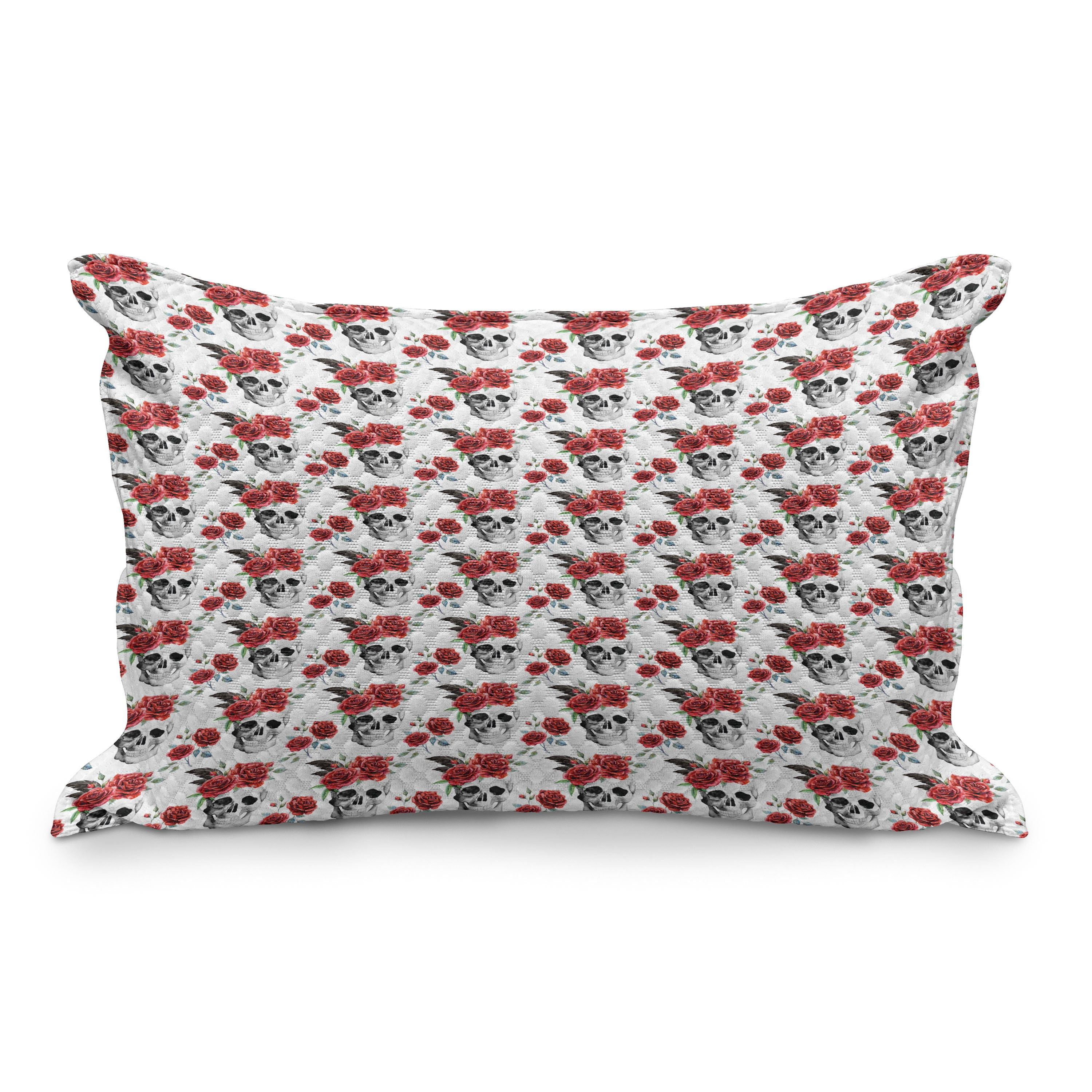 Rose Quilted Pillowcover, Watercolor Art Style Skull with Red Roses and ...