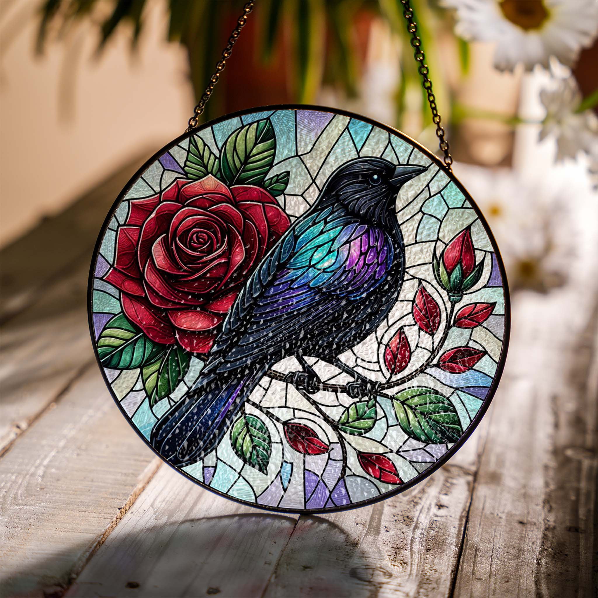 Rose Raven Glass Suncatcher - Handcrafted Stained Glass Window Hanging ...