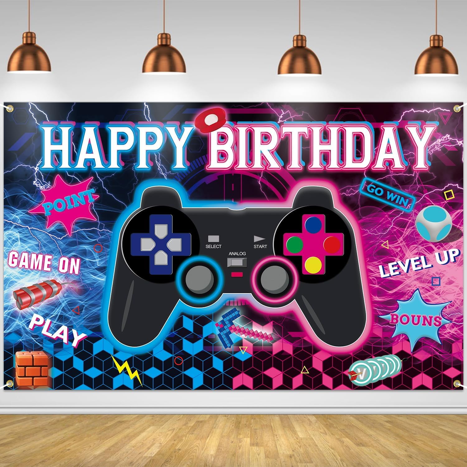 Rose Red Blue Gaming Happy Birthday Decorations Backdrop Cloth Video Game Birthday Backdrop ...