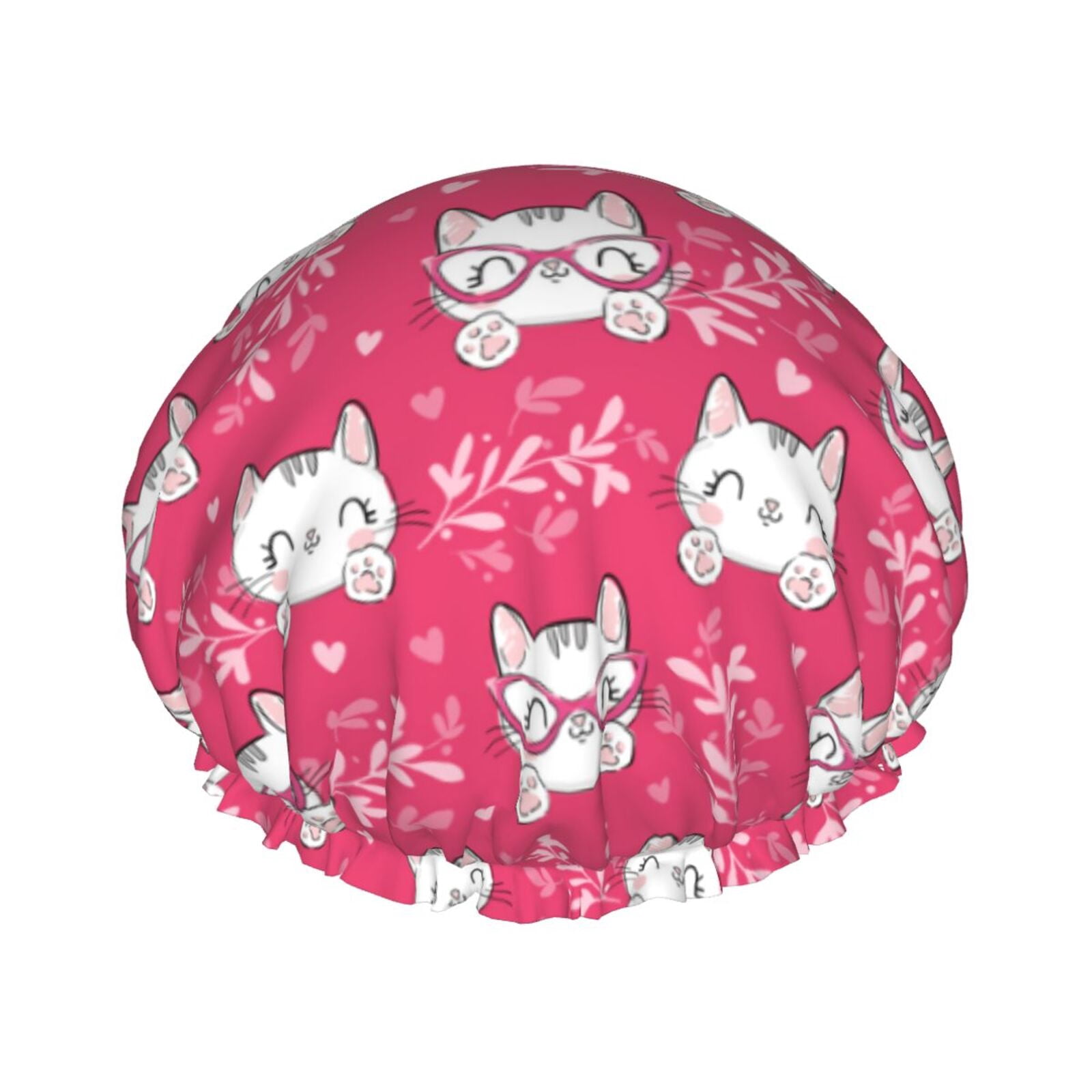 Rose Red Cute Smiling Cartoon Cat Shower Cap, Reusable Bath Hair Hat ...