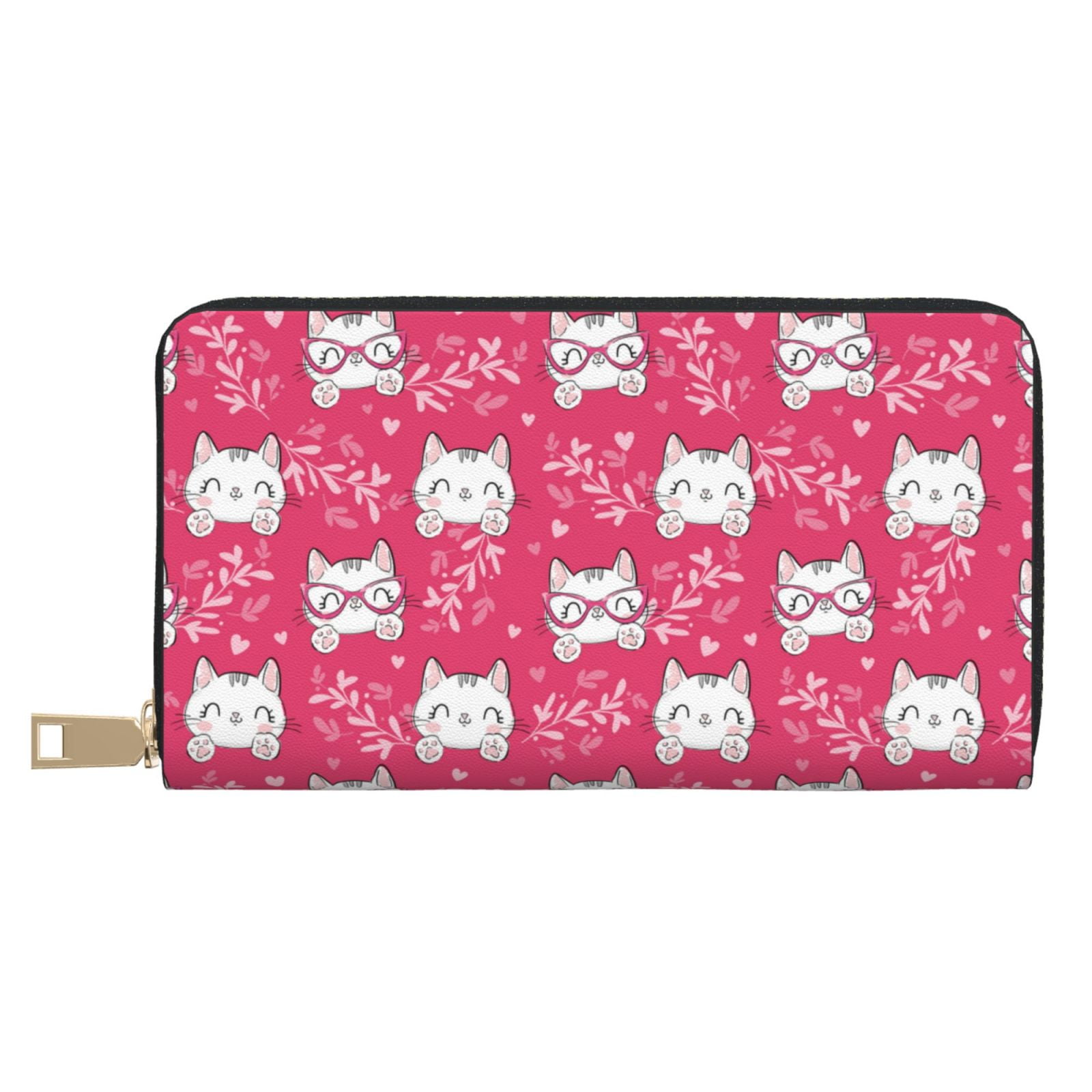 Rose Red Cute Smiling Cartoon Cat Wallet Women, Leather Bifold Multi ...