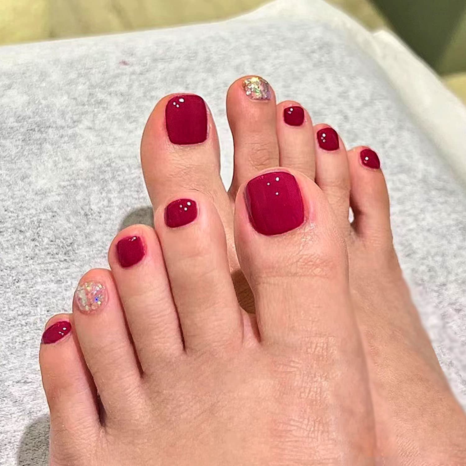 Rose Red Press on Toenails Coffin Glossy Fake Toe Nails Full Cover With ...