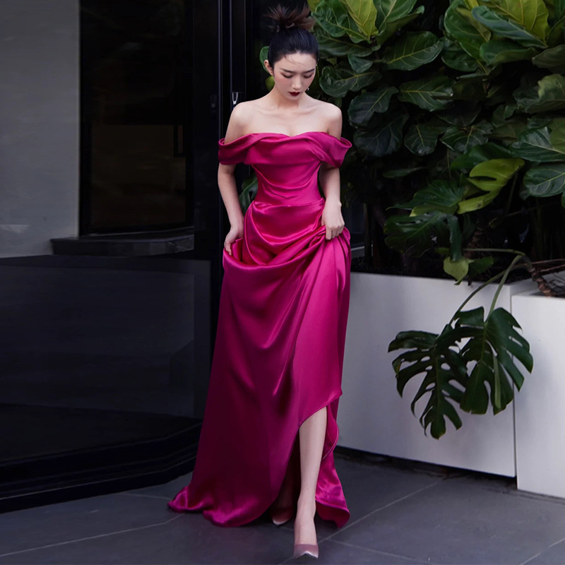Rose Red toast dress bride wedding dragon fruit morning gown off ...
