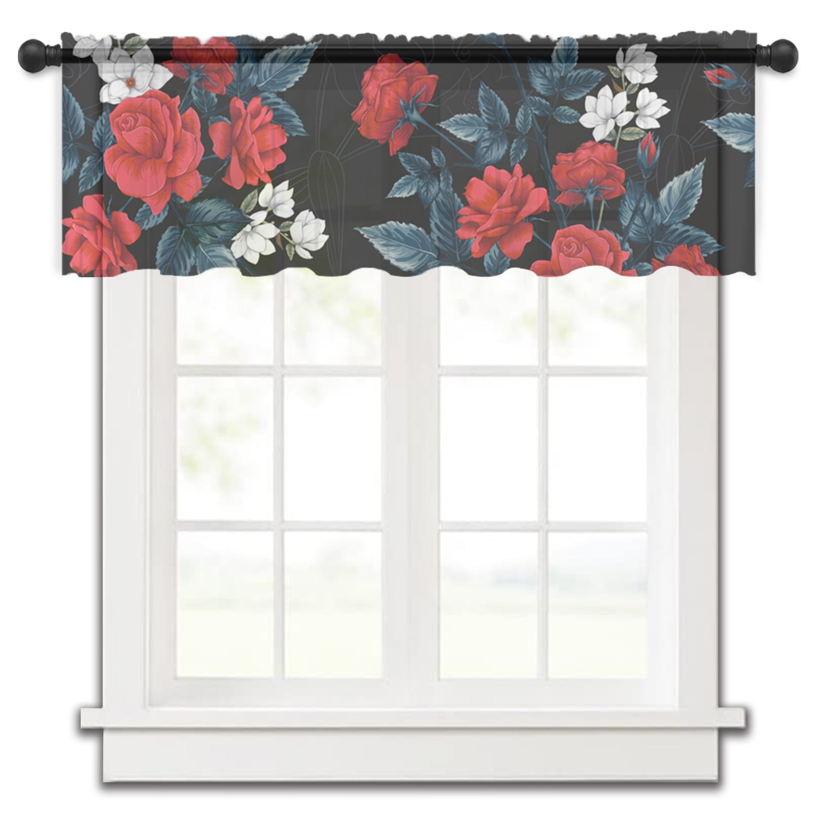 Rose Retro Red Flower Tulle Kitchen Small Window Curtain Valance Sheer ...