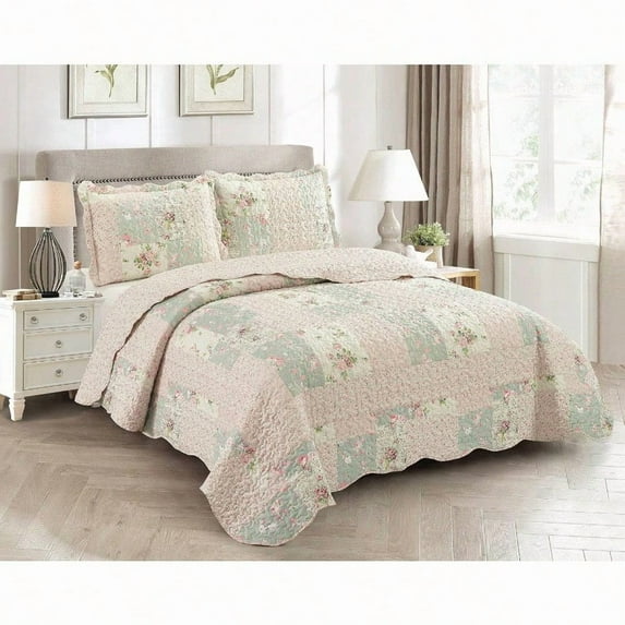 Rose and Sage Quilt Set 3-Piece Bedding Sets Traditional Patchwork ...