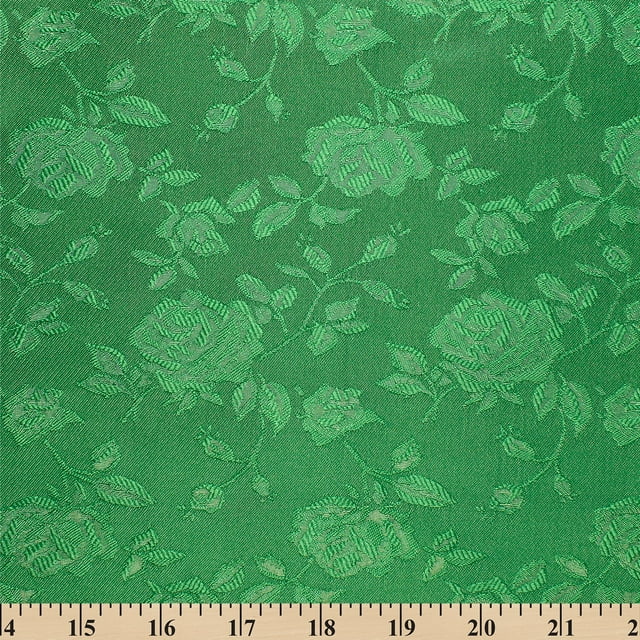 Rose Satin Jacquard Fabric - Kelly Green Polyester Double-Sided Floral ...