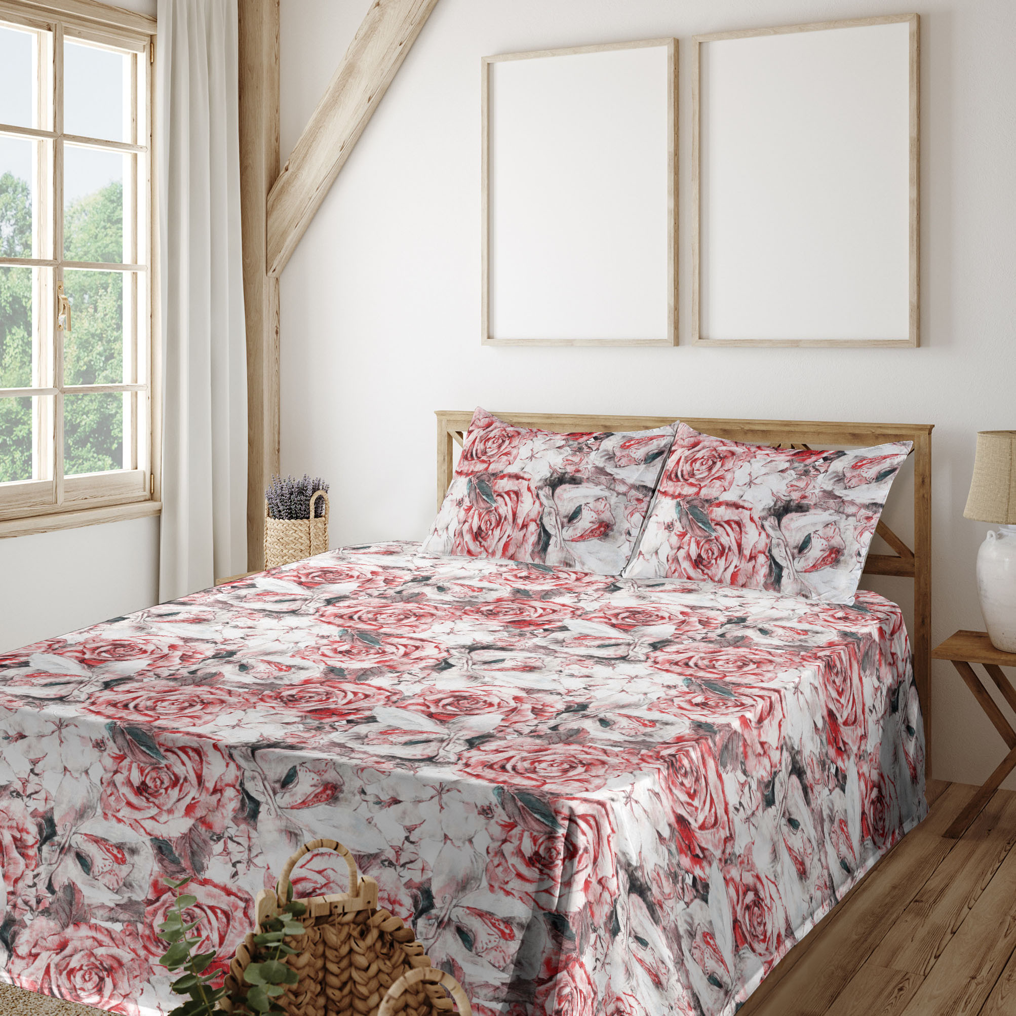 Rose Sheet Set, Grunge Themed Pattern of Blooming Romantic Flowers ...