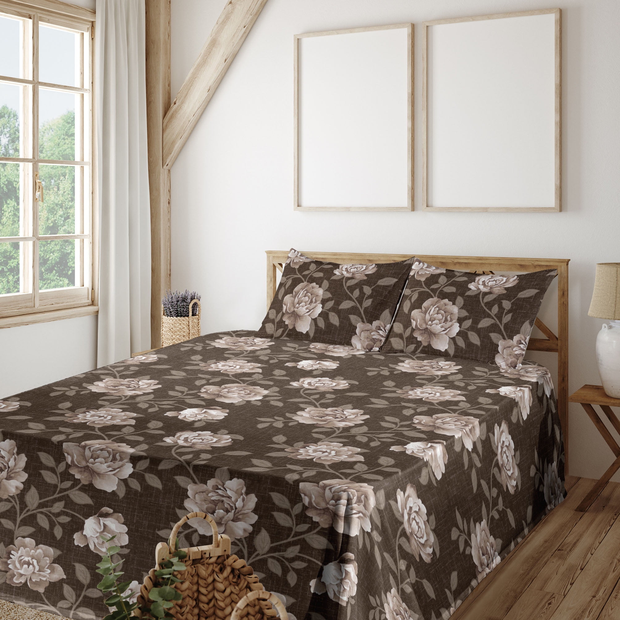 Ambesonne Rose Fitted & Flat Sheet with Shams 4 Pcs Set, Retro Effect ...
