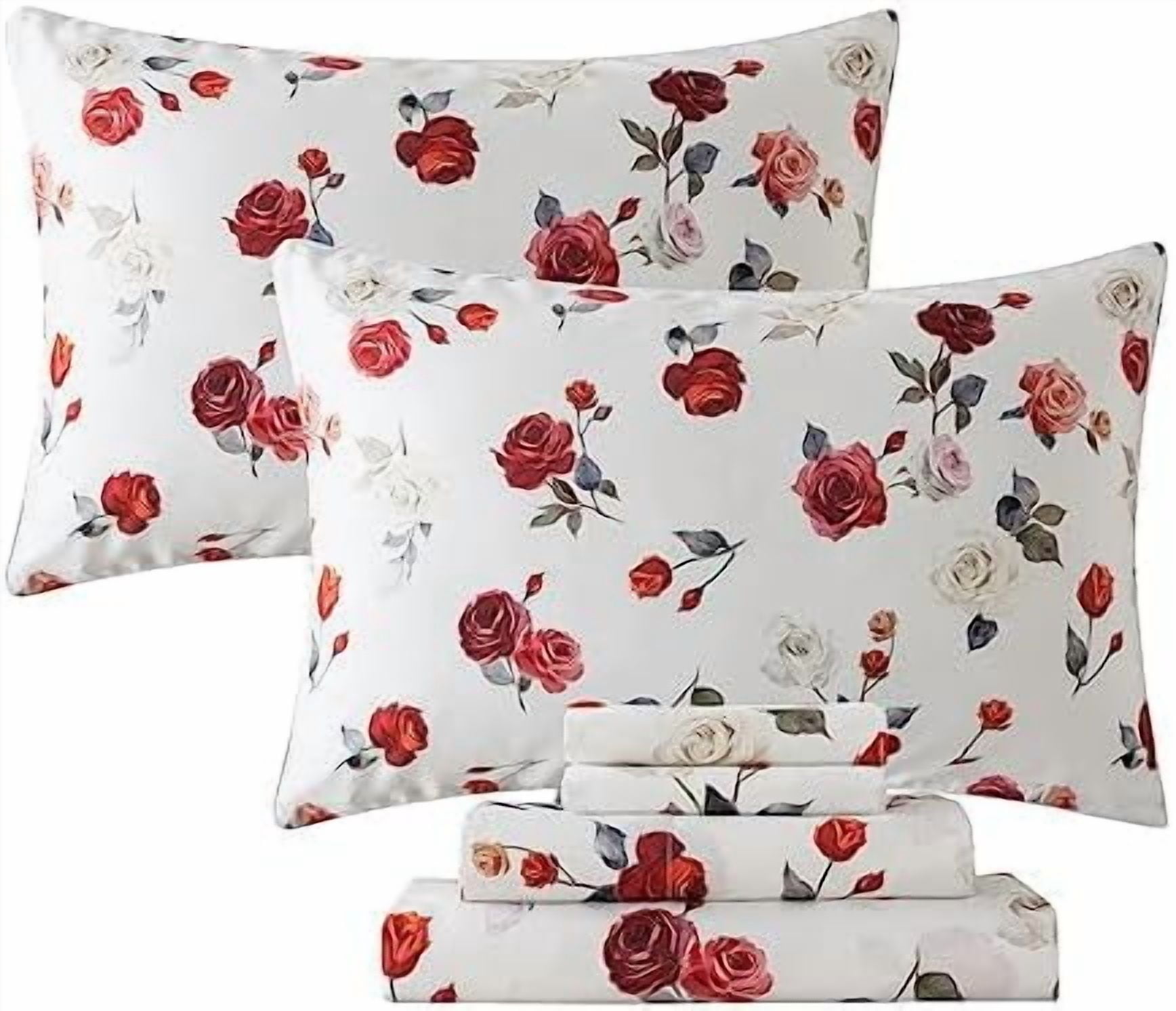 Rose Sheets Set Twin Vintage White Floral Bedding Chic Red Rose Bed ...