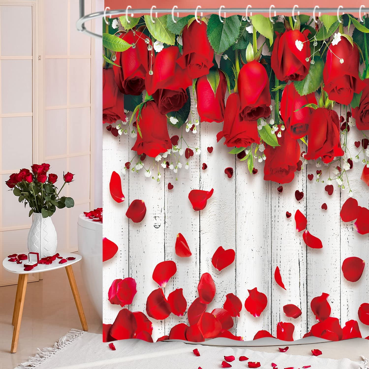 Rose Shower Curtain, Red Rose Shower Curtain Set with 12 Hooks ...