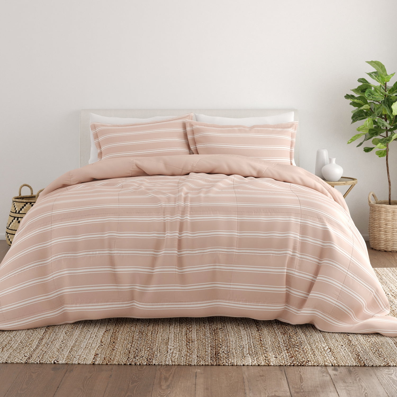 Noble Linens 3-Piece Rose Soft Stripe Reversible Print Comforter Set ...