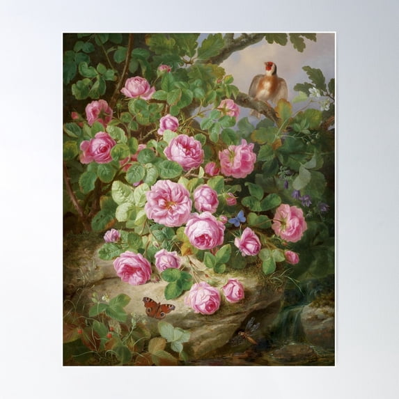Rose Still Life With Butterflies And Bird Josef Lauer 1870 Poster Wall ...
