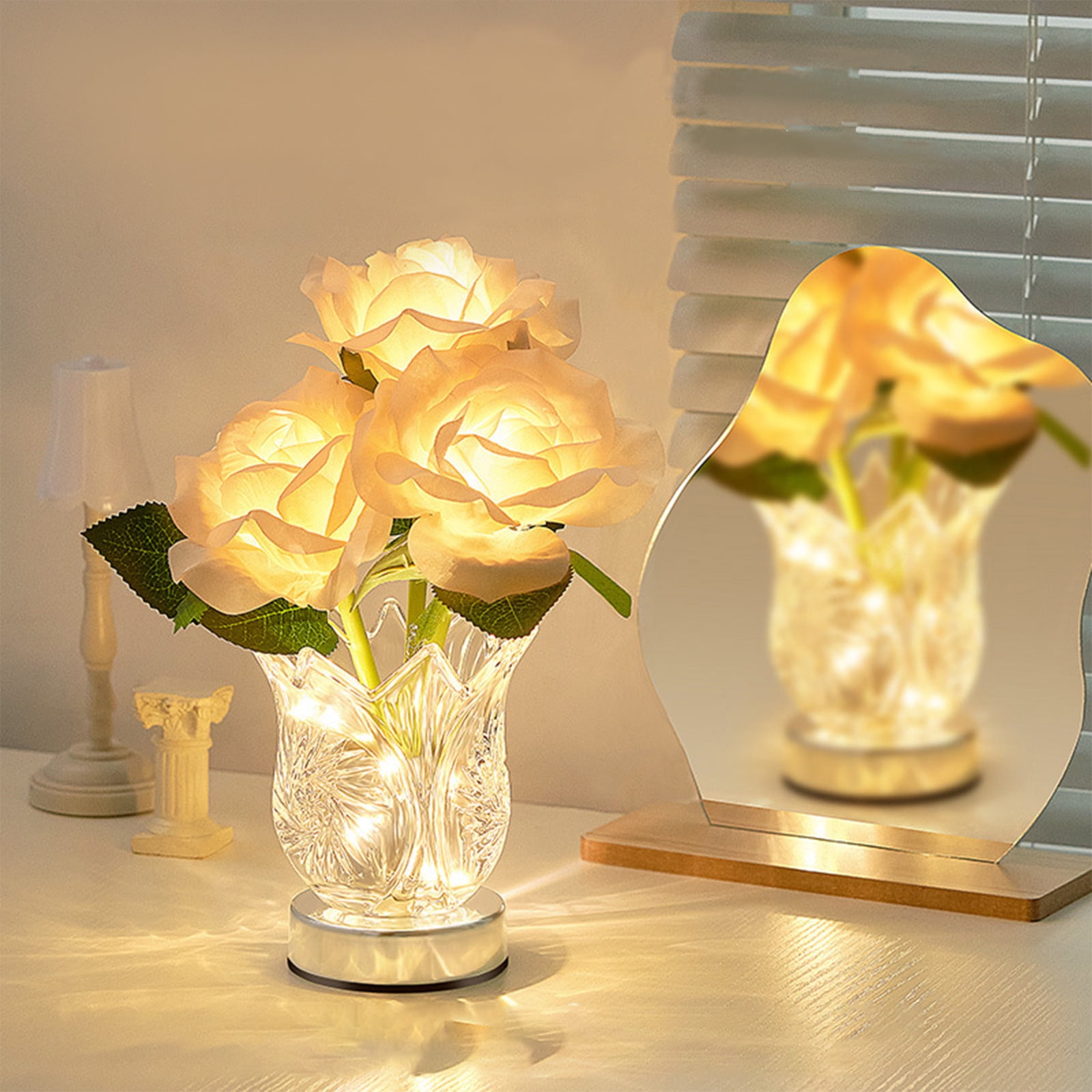 Rose Table Lamp - 10" Battery Operated LED Flower Lamp with Glass Vase ...