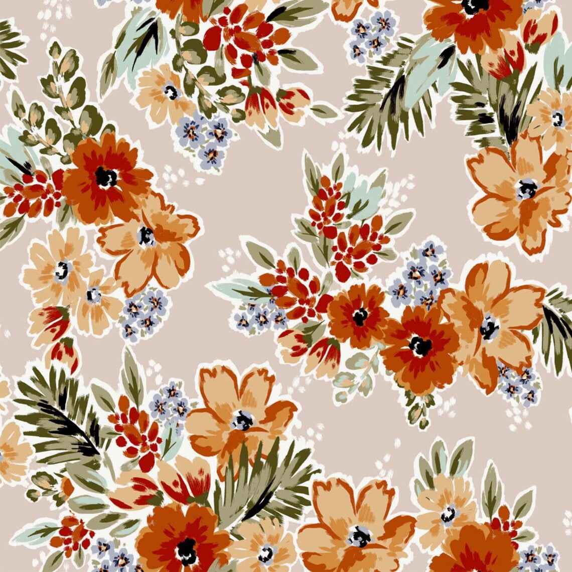 Rose Tan Tangerine Medium Floral Design Printed on 100% Rayon Crepon ...