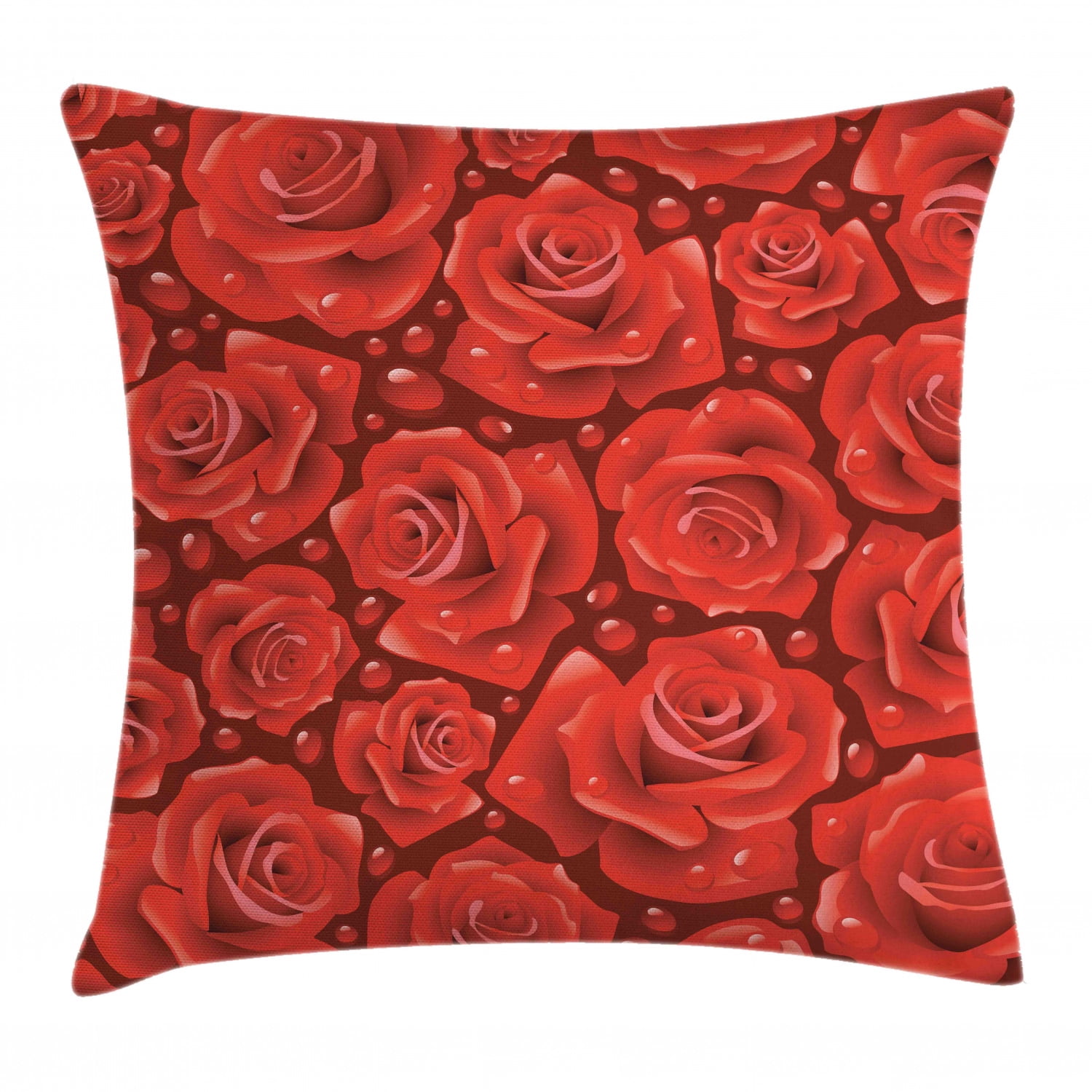 Rose Throw Pillow Cushion Cover, Vivid Red Roses Rain Water Drops ...