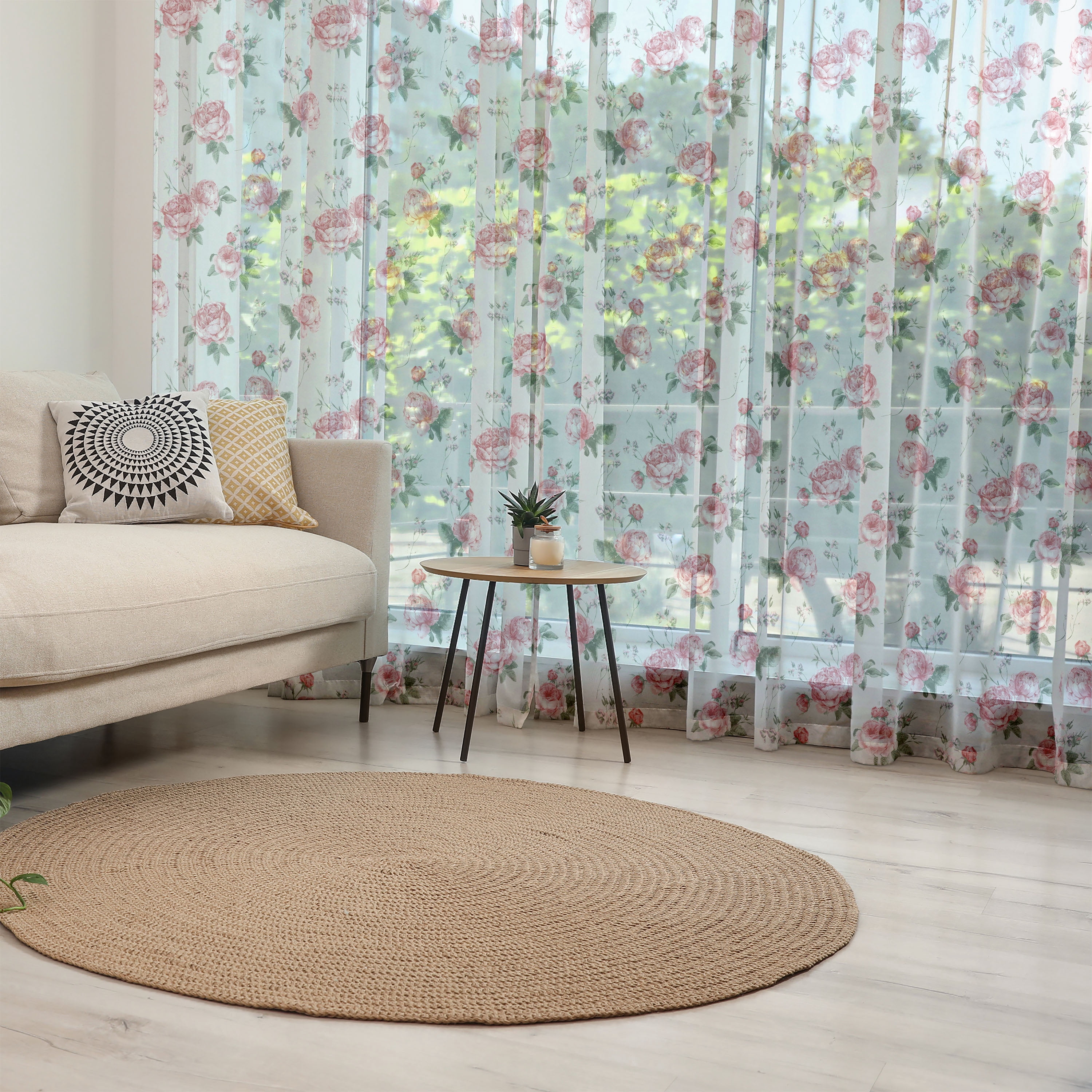 Rose Tulle Curtains with Rod Pocket, Blooming English Rose Watercolor ...