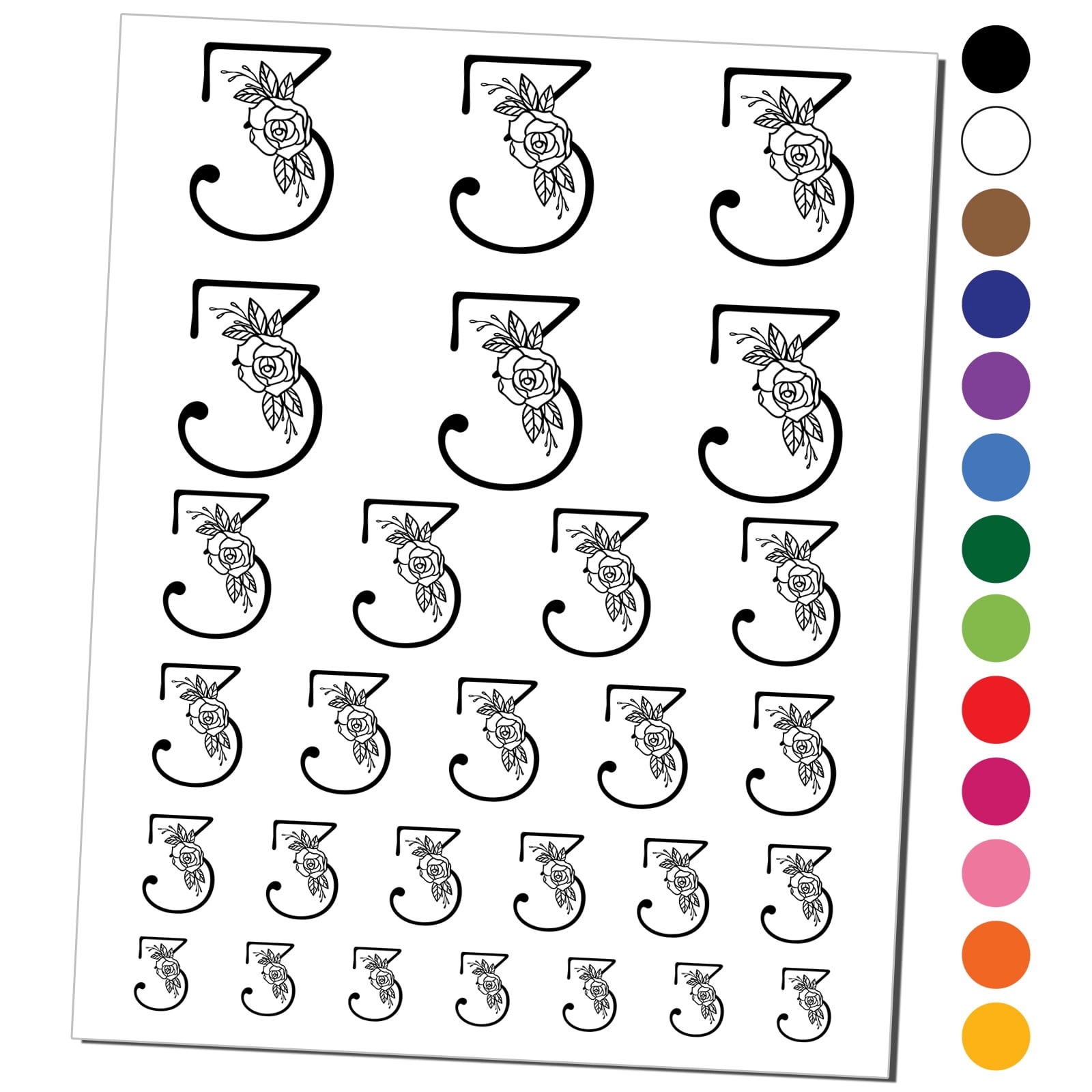 Rose Typewriter Font Number 3 Three Water Resistant Temporary Tattoo ...