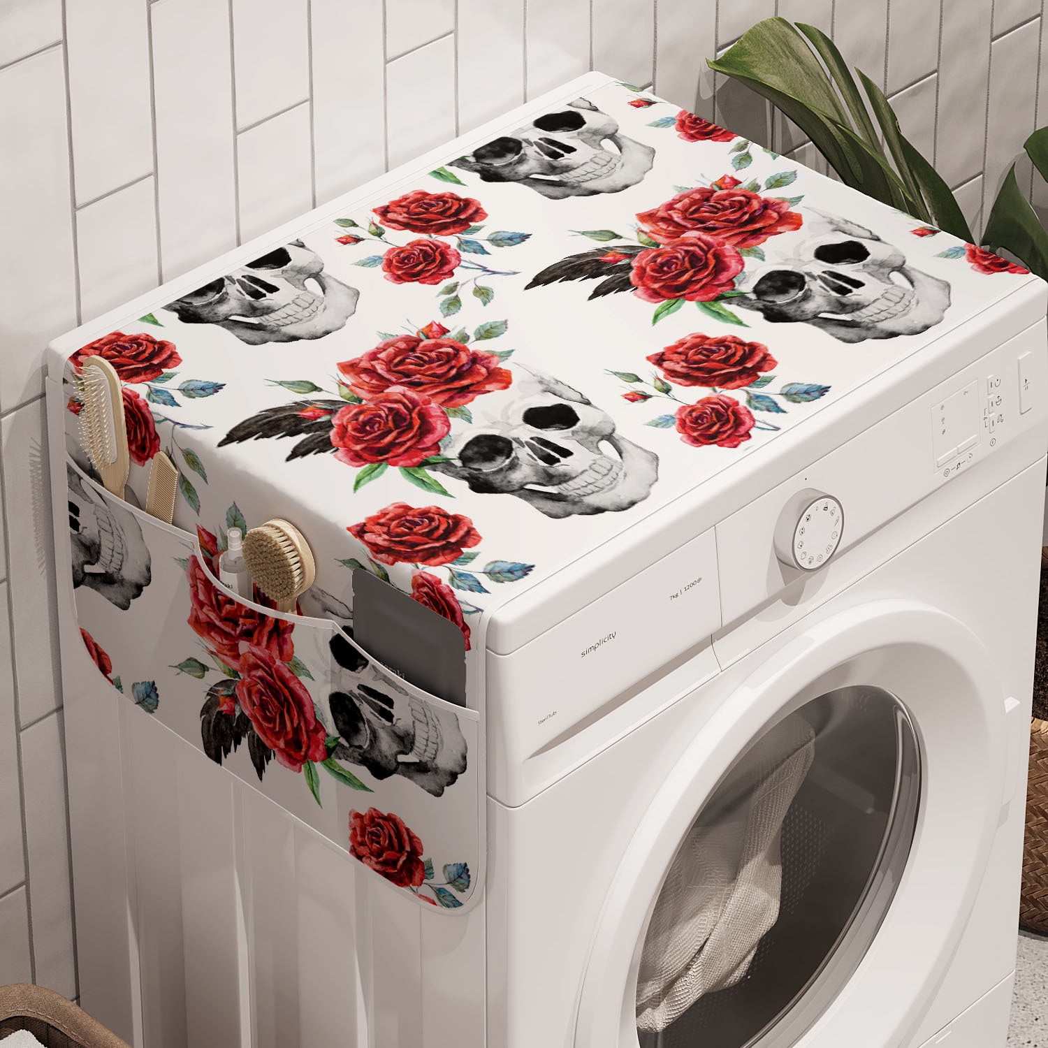 Rose Washing Machine Organizer, Watercolor Art Style Skull with Red ...