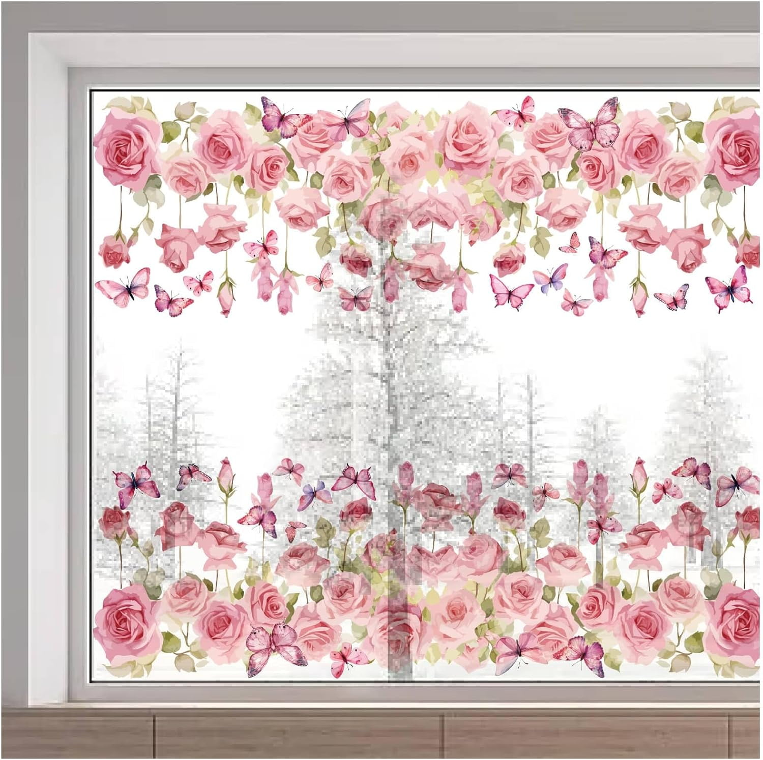 Rose Window Decal Large Pink Flower Butterfly Spring Window Sticker ...