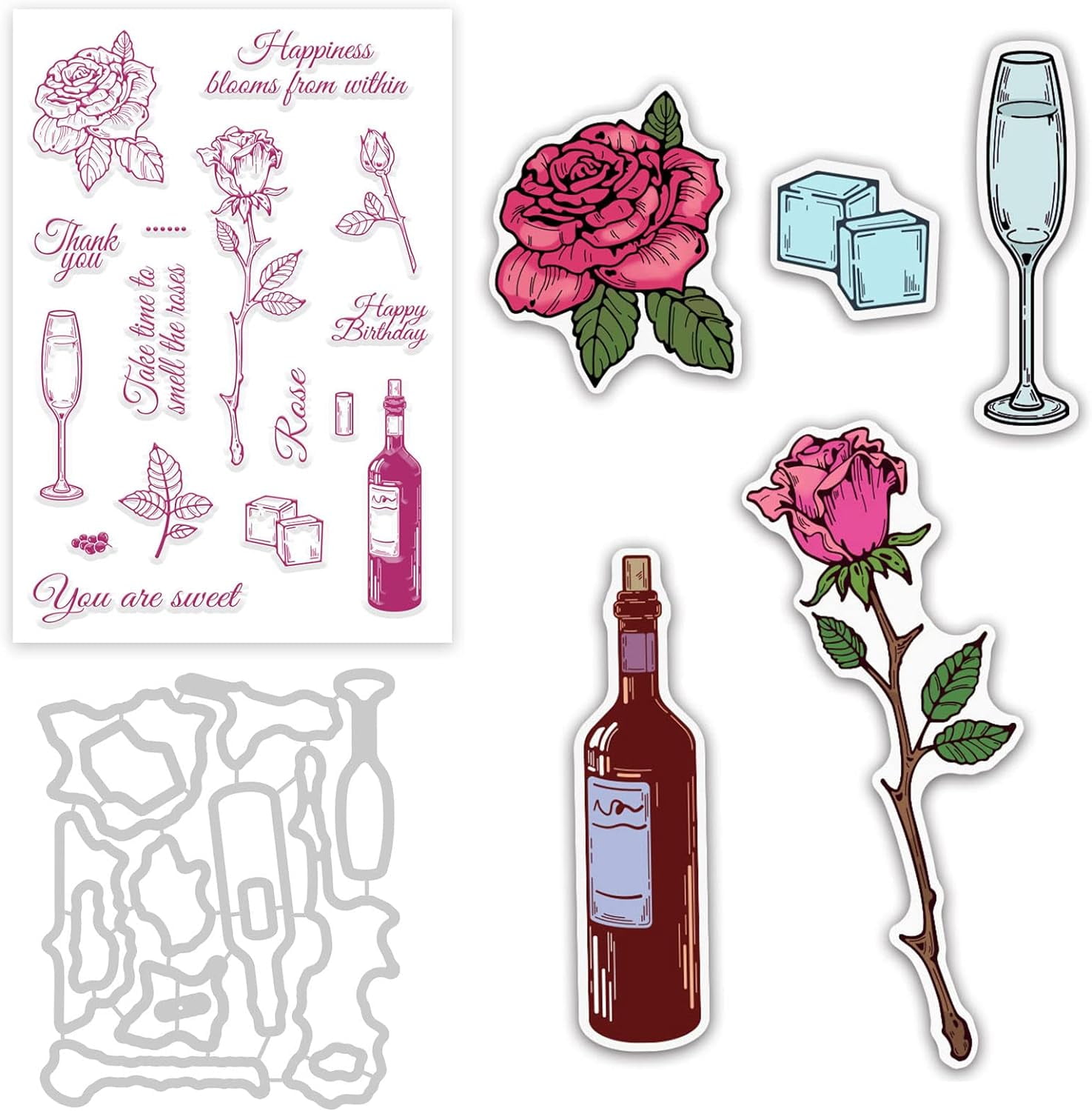 Rose and Wine Cutting Dies and Silicone Clear Stamps Set with Happy ...