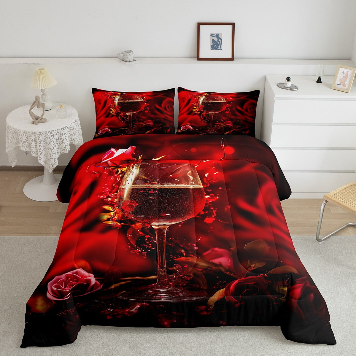 Rose Wine Glass Comforter Set Red Rose Bedding Set King Size, Floral ...
