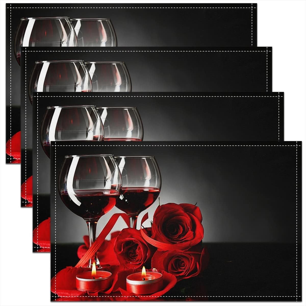 Rose Wine Glass Placemats, Red Black Rose Place Mats 12x18 Set of 4 ...