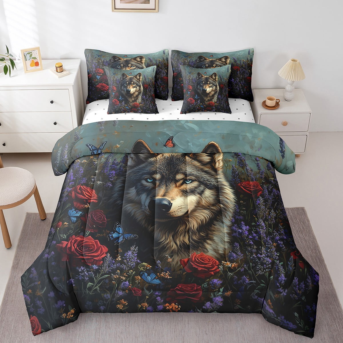 Rose Wolf Comforter Set Red Flowers Bohemian Twin Bedding Set for Teens ...