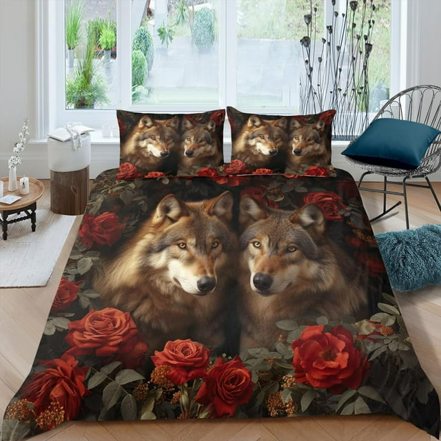 Rose Wolf Duvet Cover Red Flowers Comforter Cover Wolf Floral Quilt ...