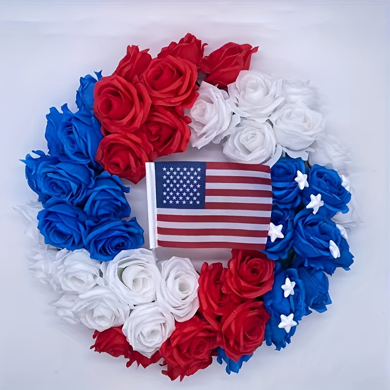 Rose Wreath - Red, White & Blue Artificial Roses with Stars, Plastic ...