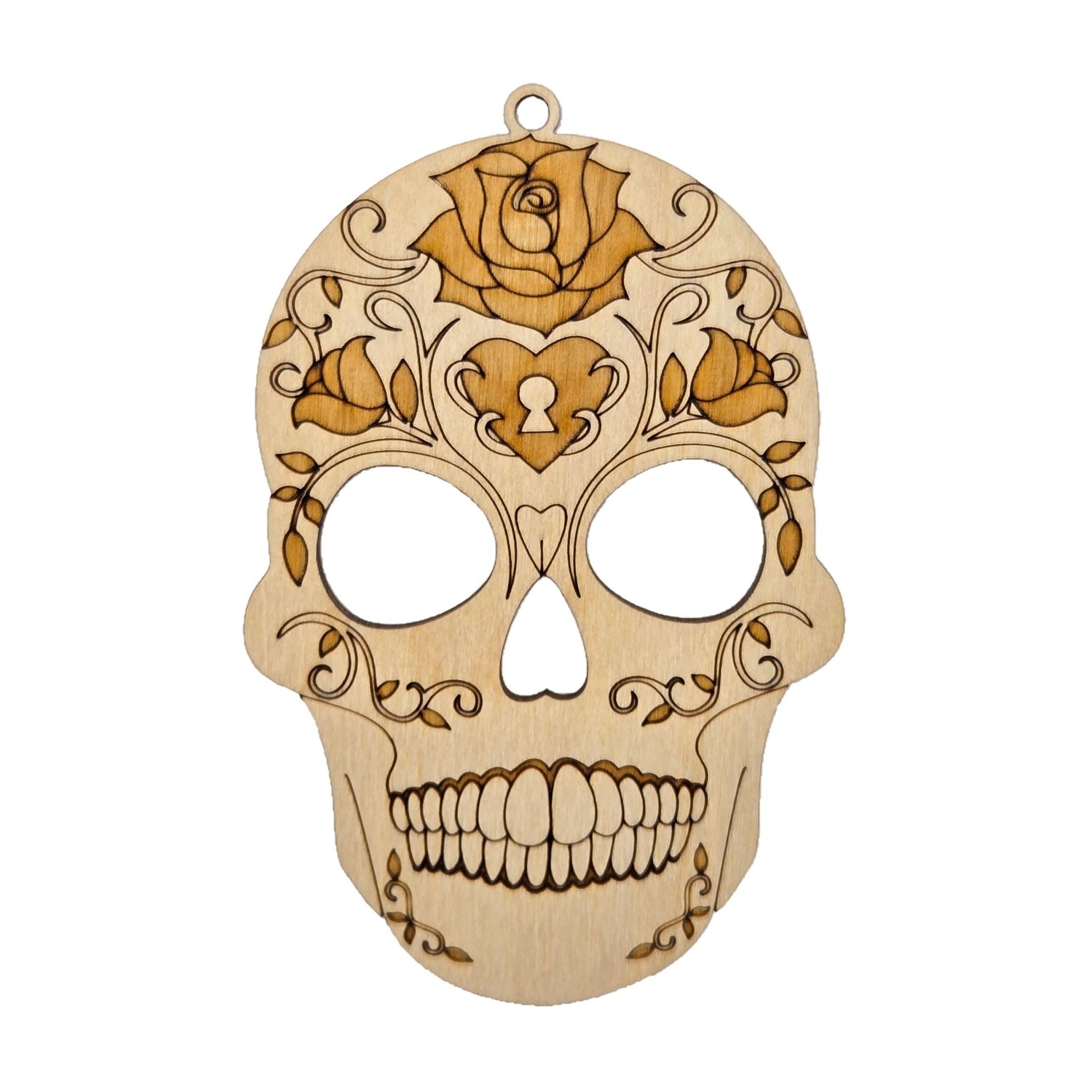 Rose and Lock Sugar Skull Laser‑Cut Wooden Ornament – Day of the Dead ...