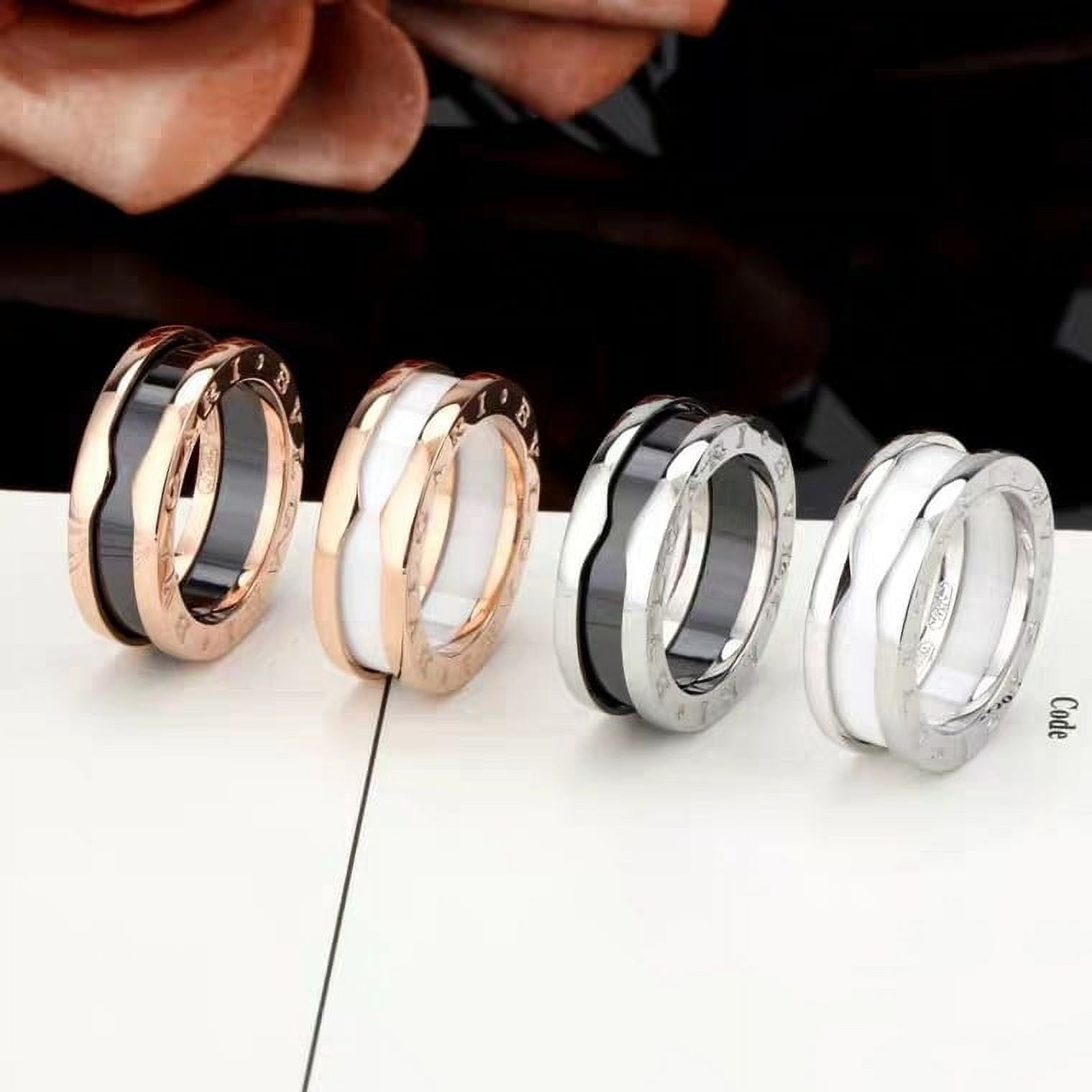 Rose gold and sterling silver double band ring, black and white ceramic, gold-plated sterling ...