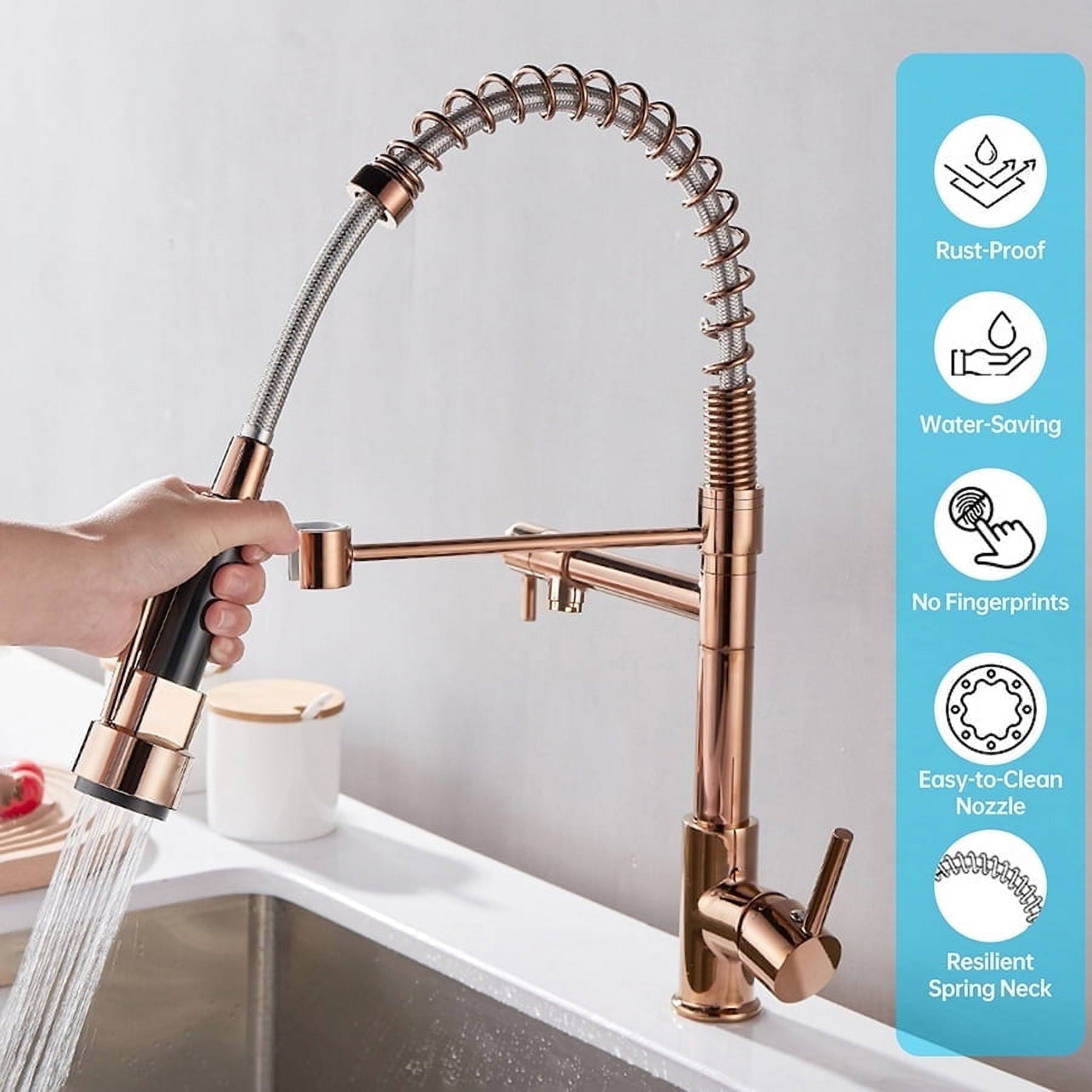 Rose gold kitchen faucet with plate. Telescopic, rotatable, hot & cold ...