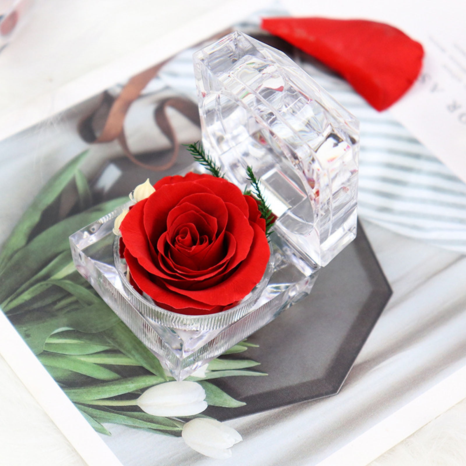 Rose in Acrylic Crystal Ring Box, Handmade Real Preserved Fresh Flower ...