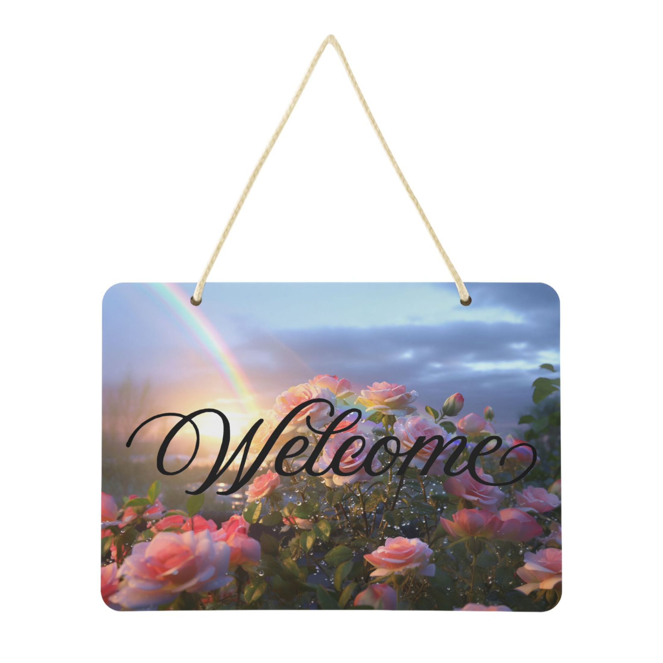 Rose with Rainbow Welcome Sign Front Door PVC 14x10 inch Hanger Hello ...