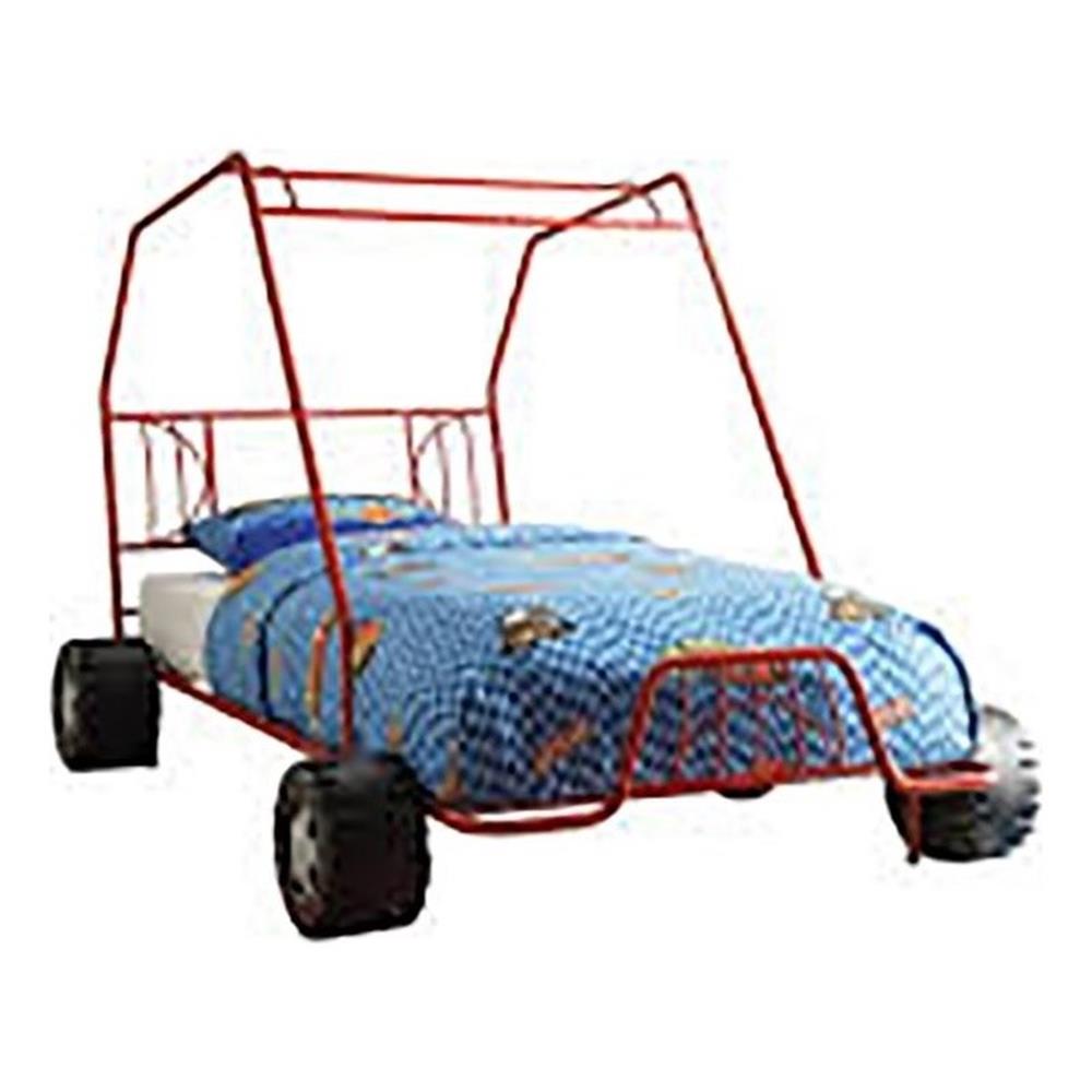 Roseberry Kids Metal Tube Twin Bed with a Racing Flag Decor in Red ...