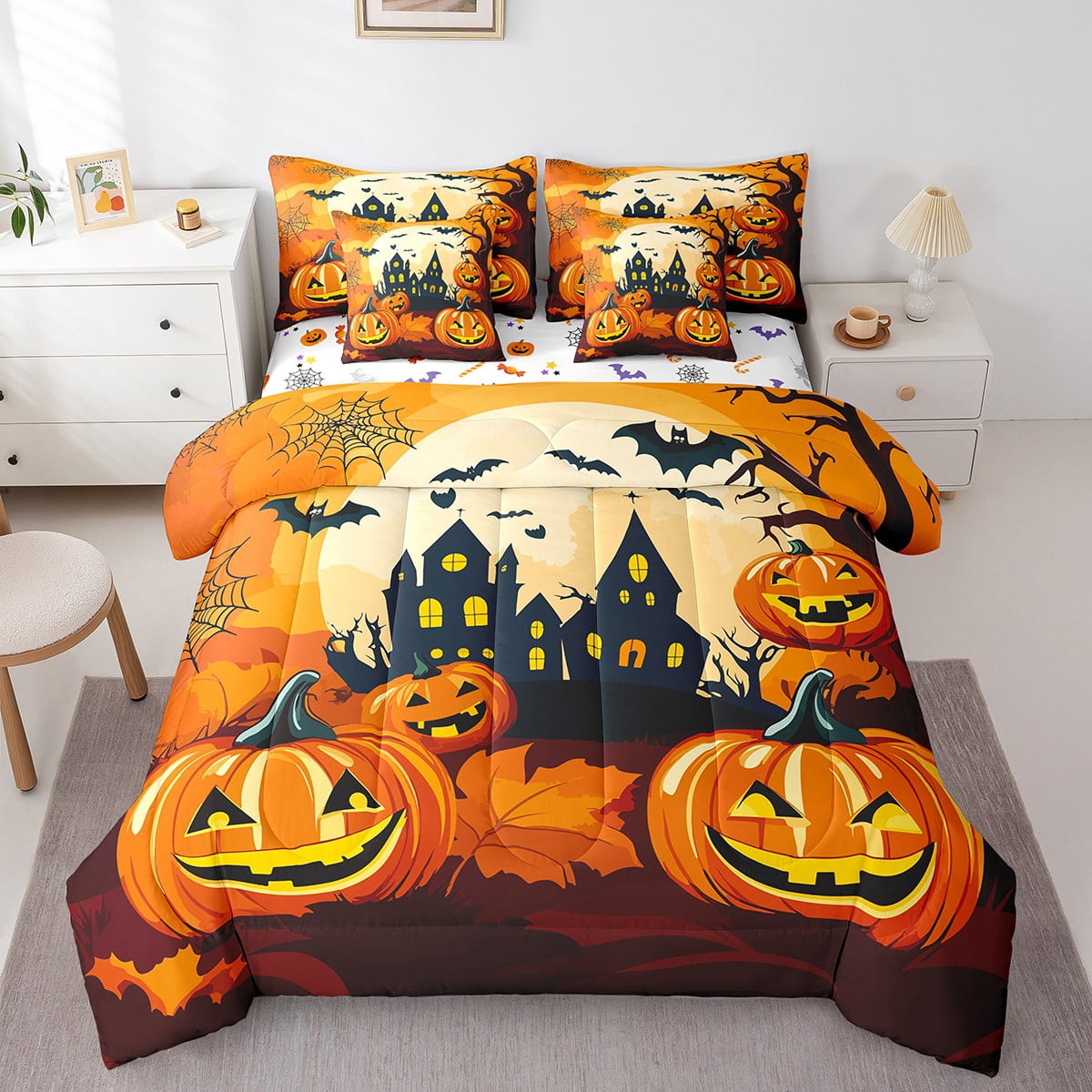 Rosebridal Halloween Bedding Twin Size 7Pcs Bed in a Bag,Pumpkin Maple ...